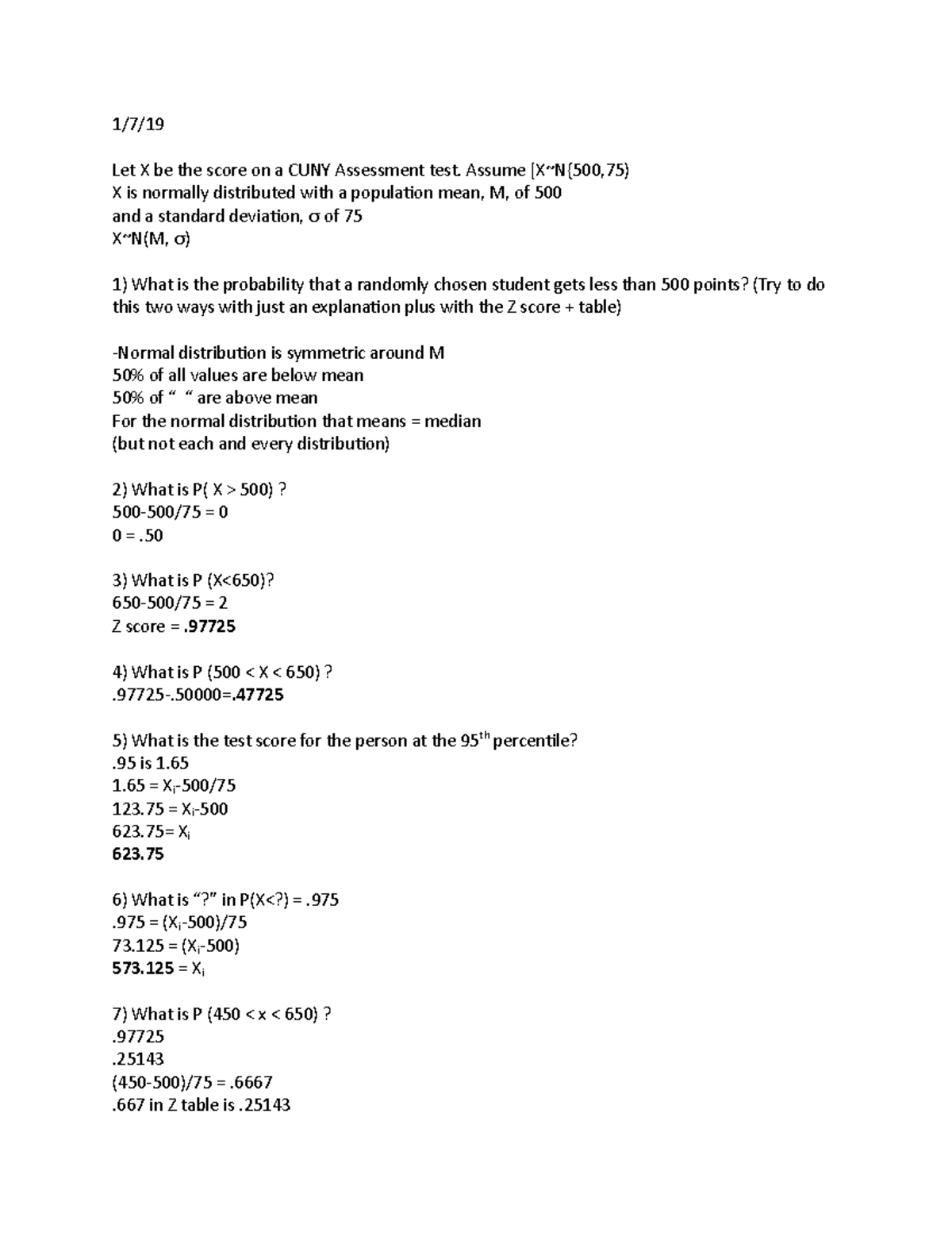 1-7-19 - Lecture notes 4 - 1/7/19 Let X be the score on a CUNY ...