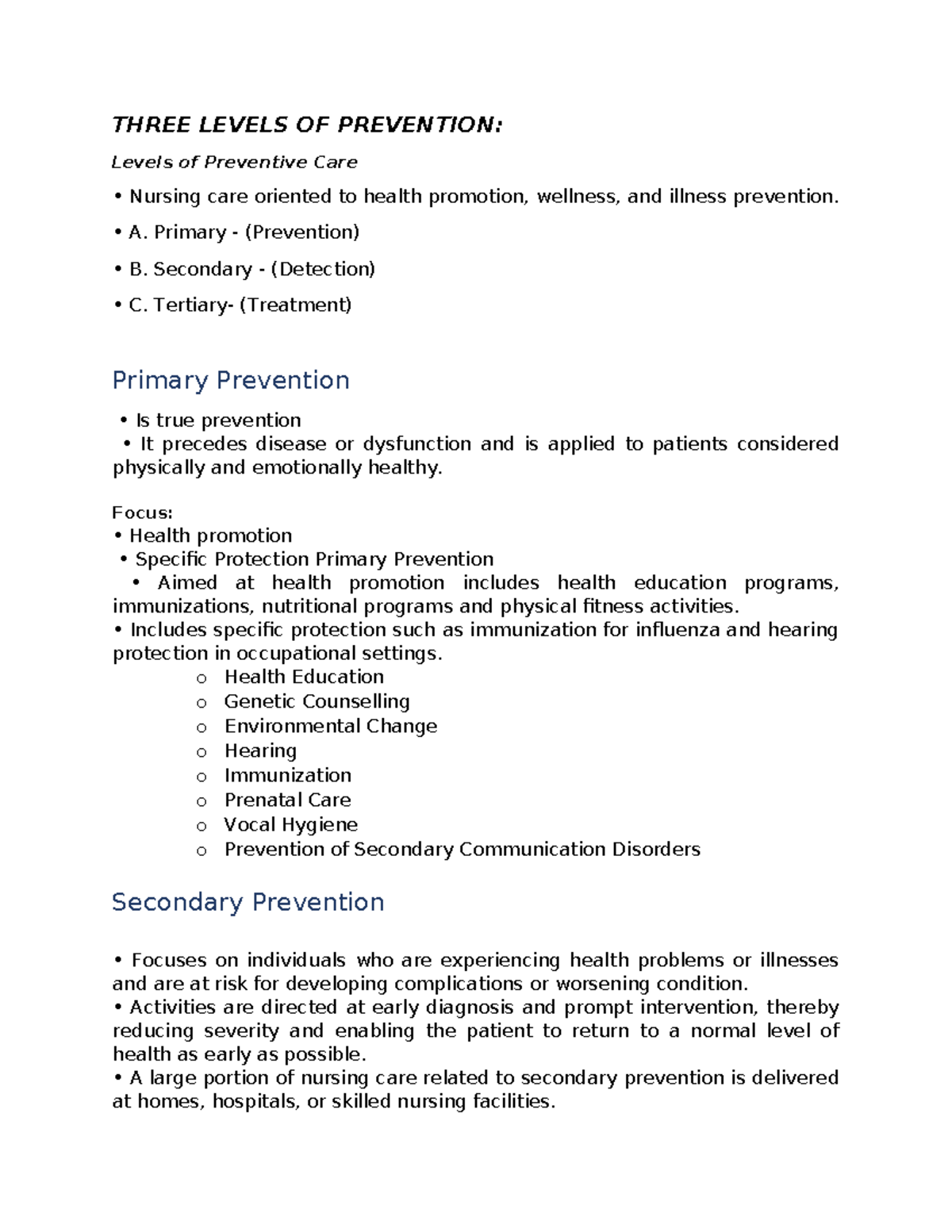Three Levels OF Prevention Funda - THREE LEVELS OF PREVENTION: Levels ...