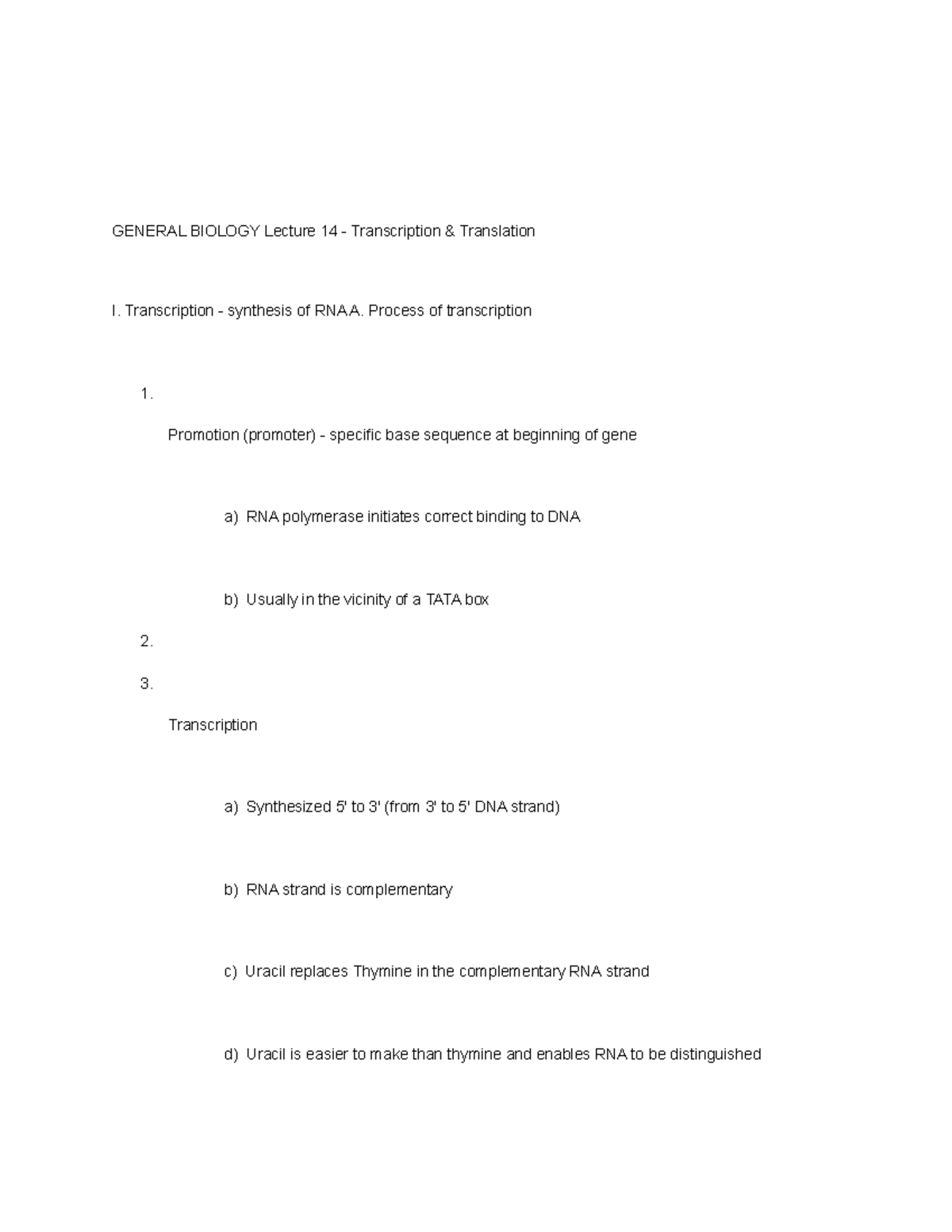 Bio - bio - GENERAL BIOLOGY Lecture 14 - Transcription & Translation I ...