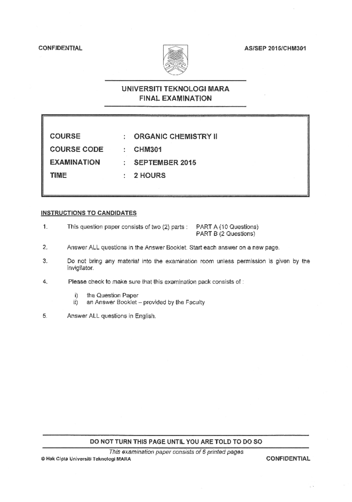 Faculty Applied Sciences 2015 Session 1 - Diploma CHM301 - Organic Chemistry 1 - Studocu