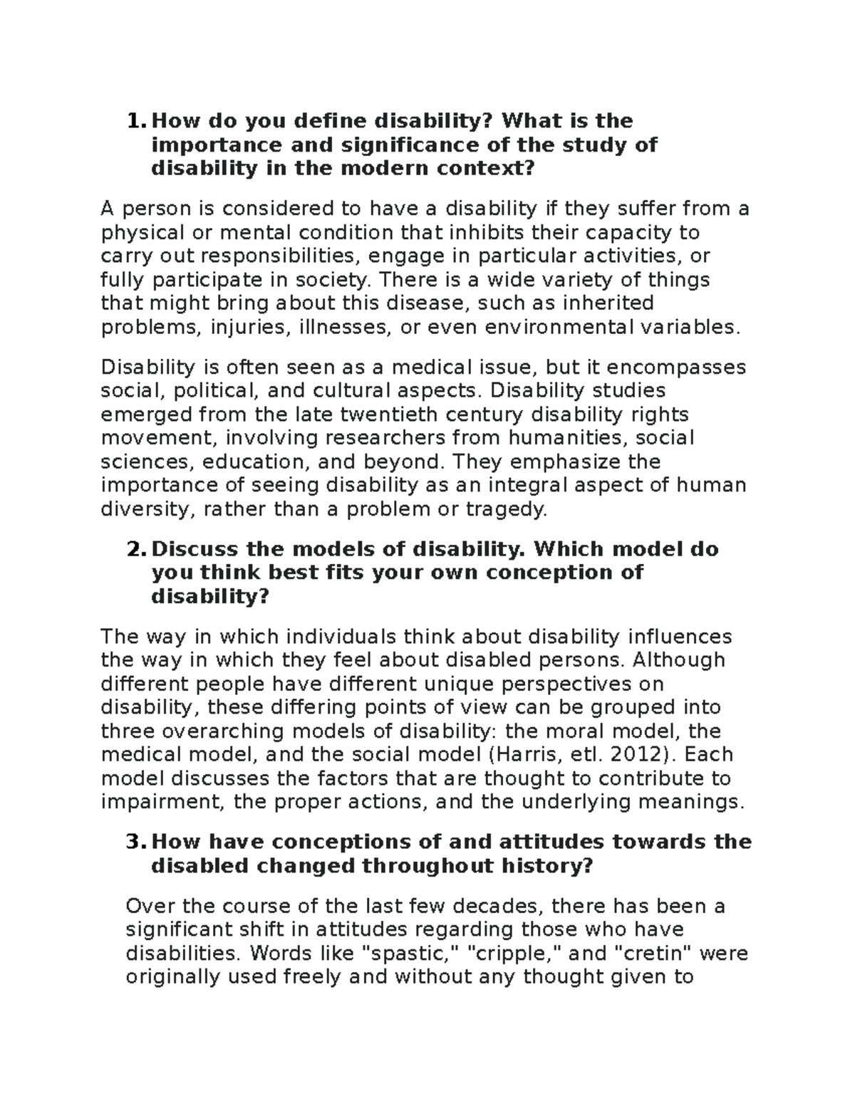 Week 1 Discussion - How do you define disability? What is the ...
