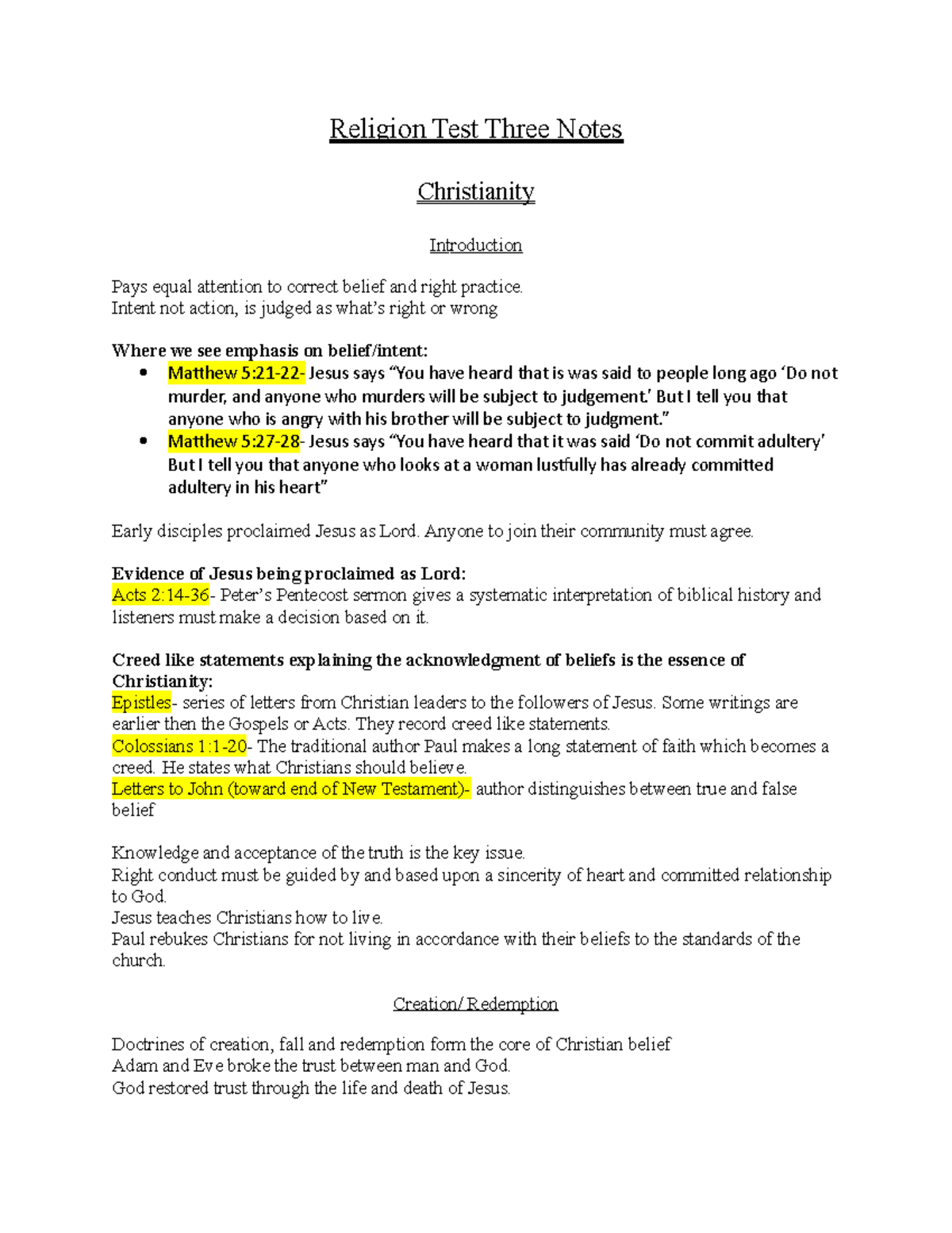 Religion Test Three Notes - Religion Test Three Notes Christianity ...