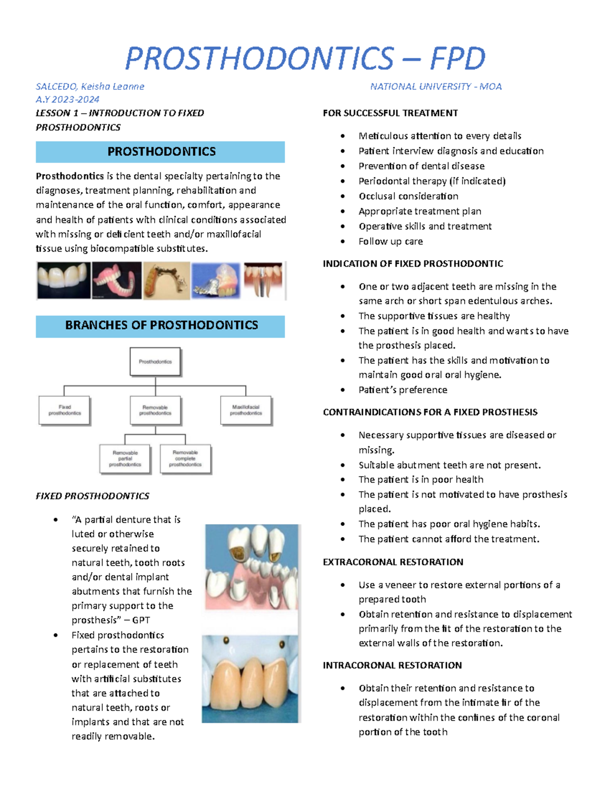 FPD - 1 & 2 - Summary Dentistry - SALCEDO, Keisha Leanne NATIONAL ...