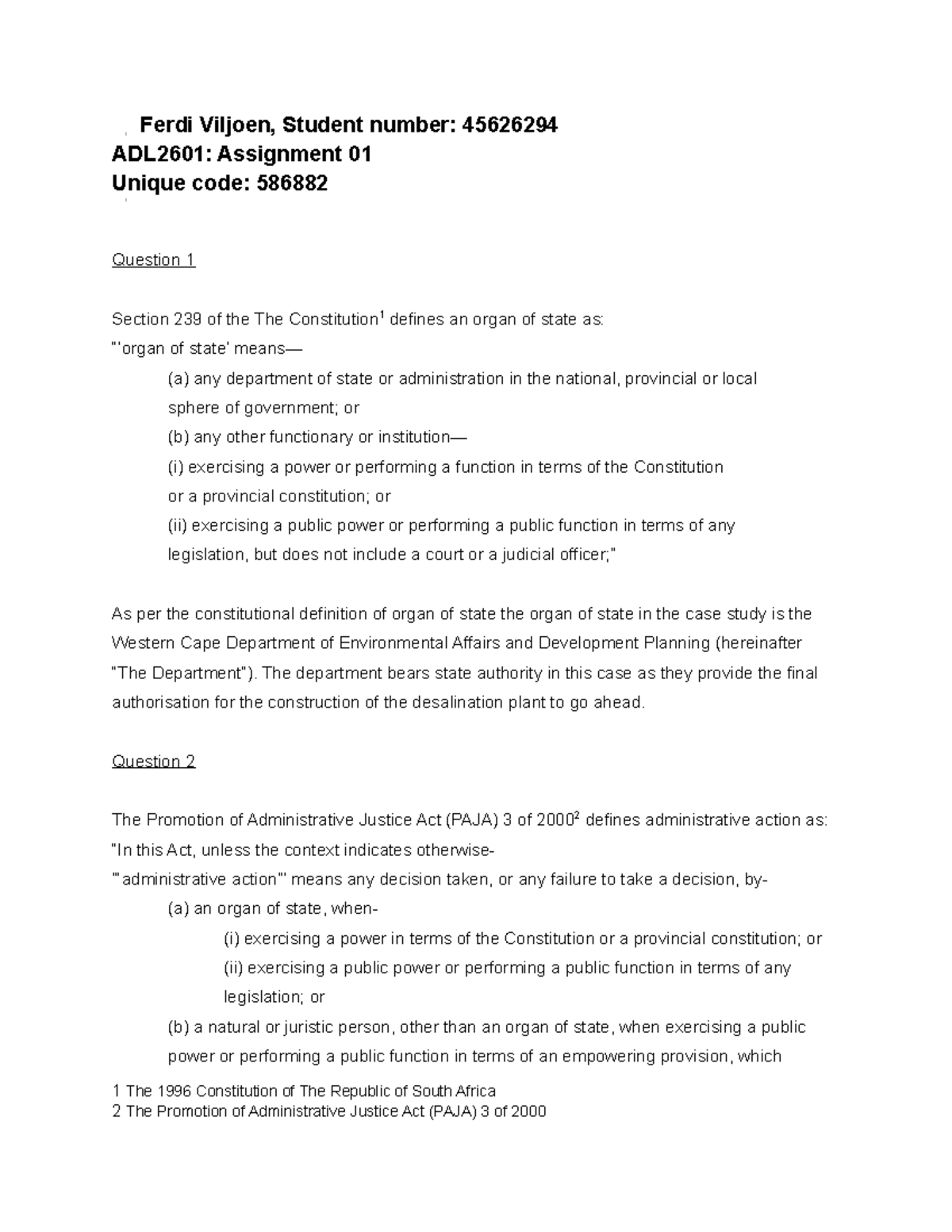 ADL 2601 Assignment 1 (2018) - Ferdi Viljoen, Student number: 45626294 ...