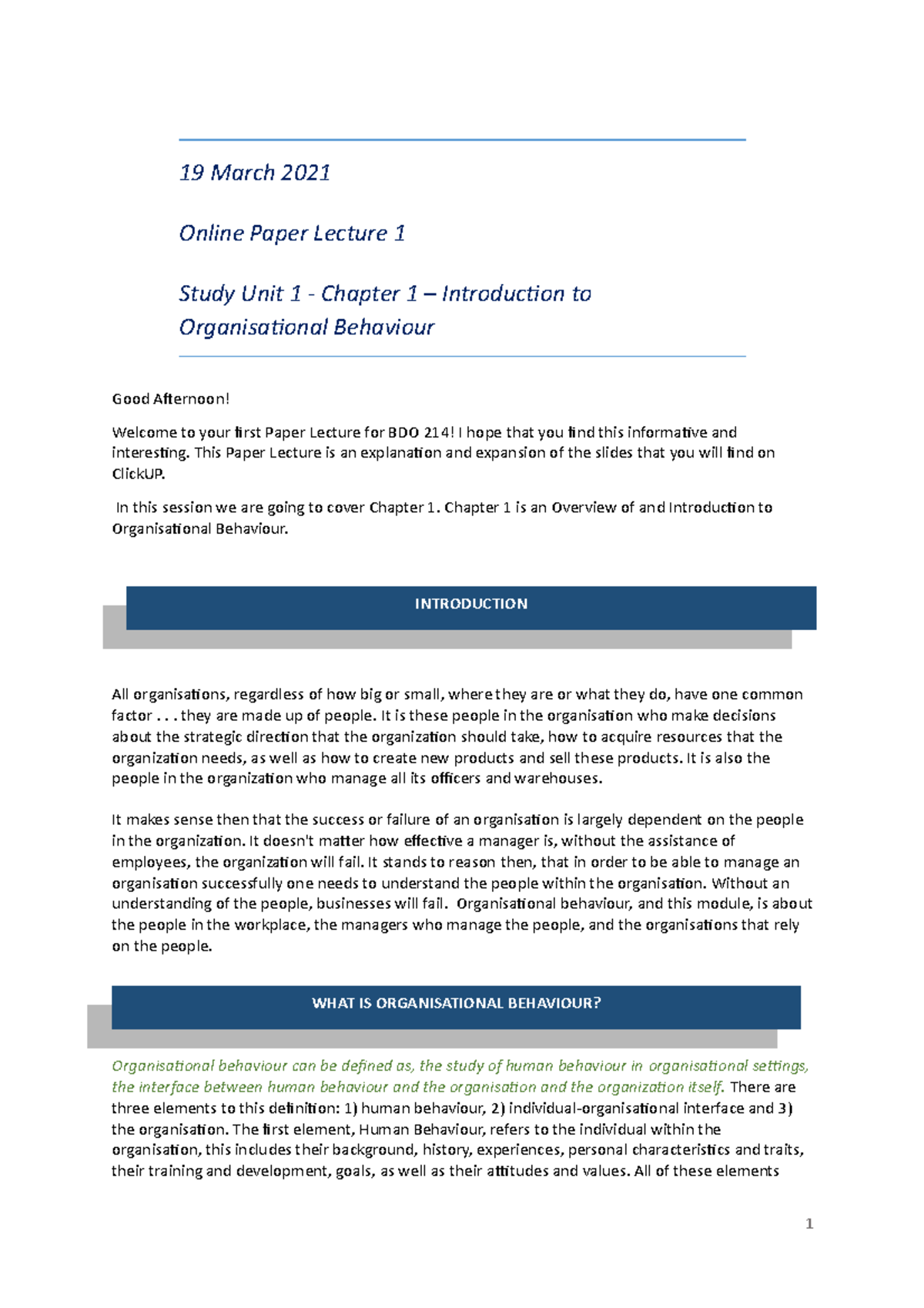 BDO 214 - Paper Lecture 1 - Study Unit 1 - Chapter 1 - 19 March 2021 ...