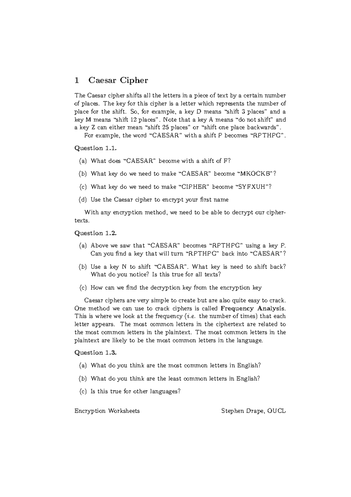 Secret - It is a question pdf - 1 Caesar Cipher The Caesar cipher ...