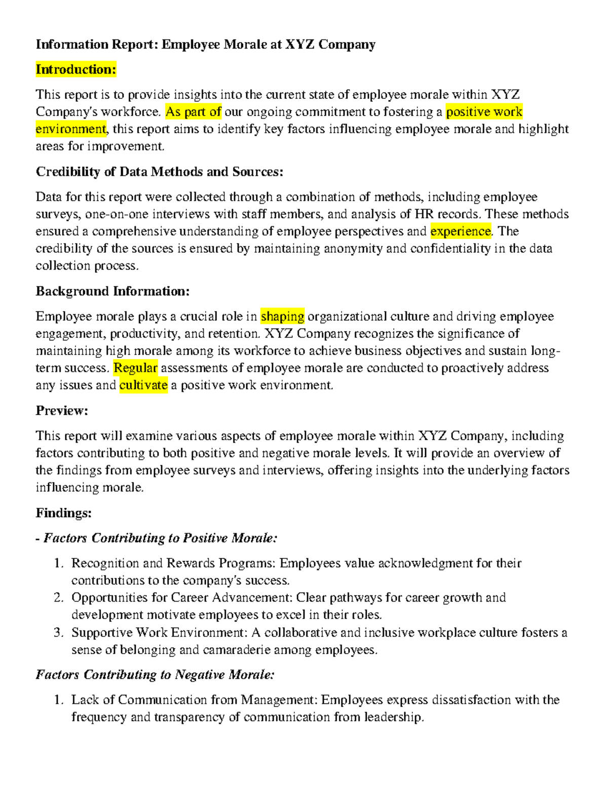 Information-reports-SV - Information Report: Employee Morale at XYZ ...