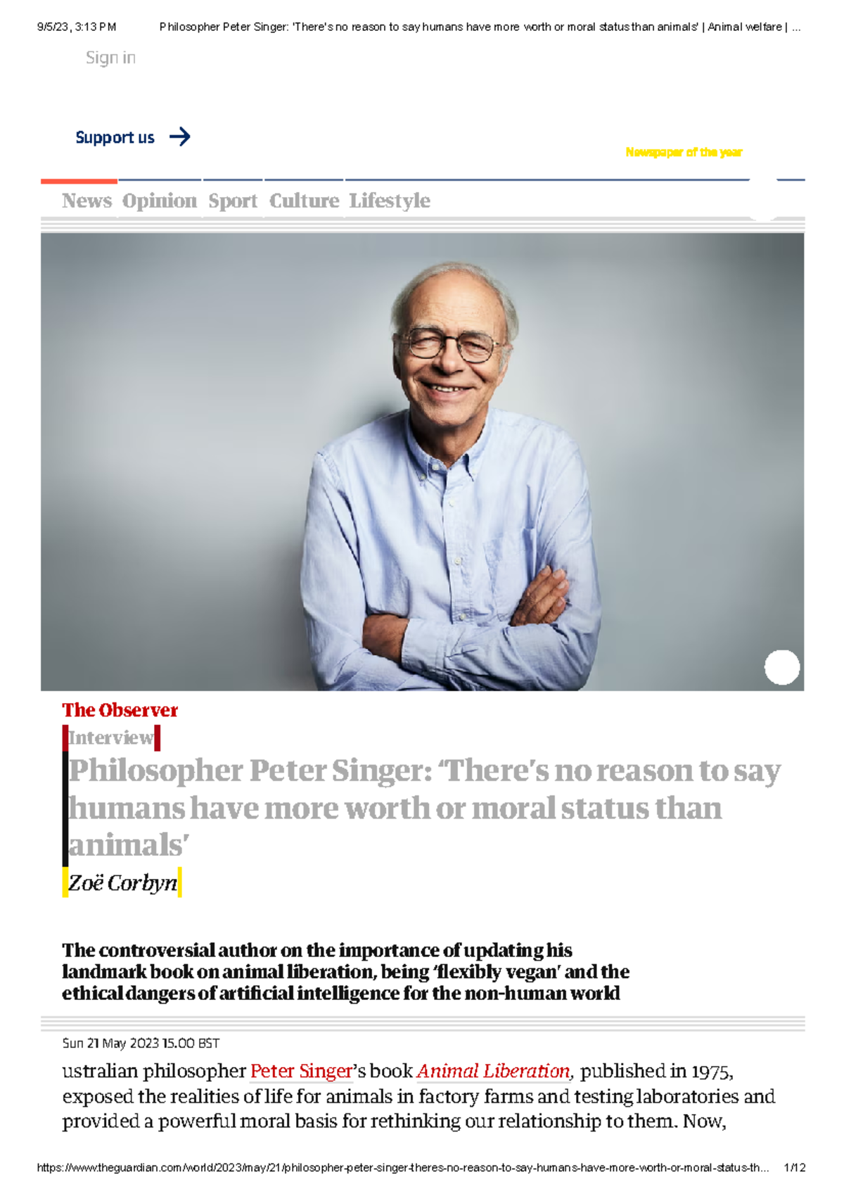 Singer, -There-s no reason to say humans have more worth or moral ...