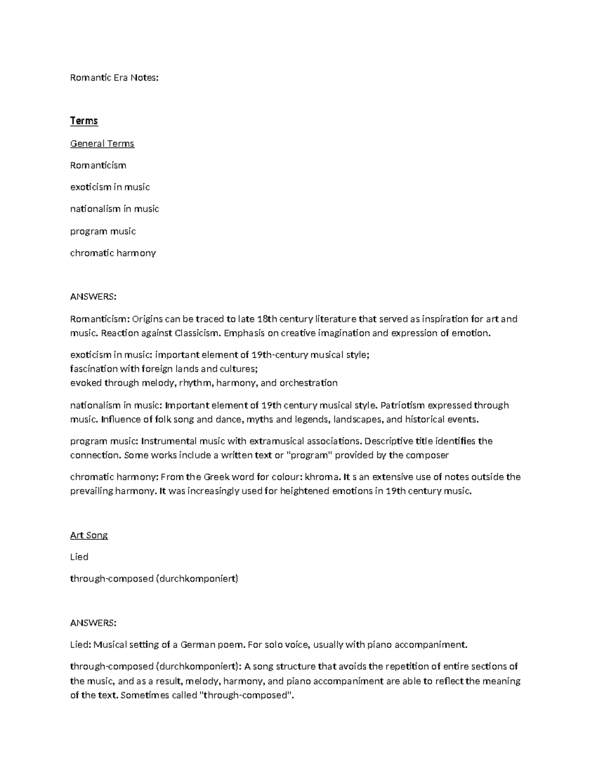 Romantic Era Exam Notes - Romantic Era Notes: Terms General Terms ...