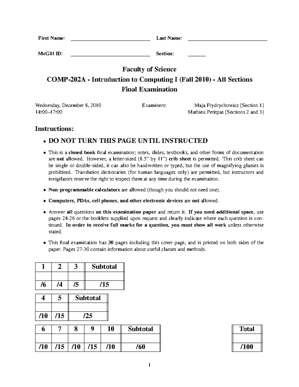 Final Fall 2010 (Comp 202) - First Name: Last Name: McGill ID: Section ...