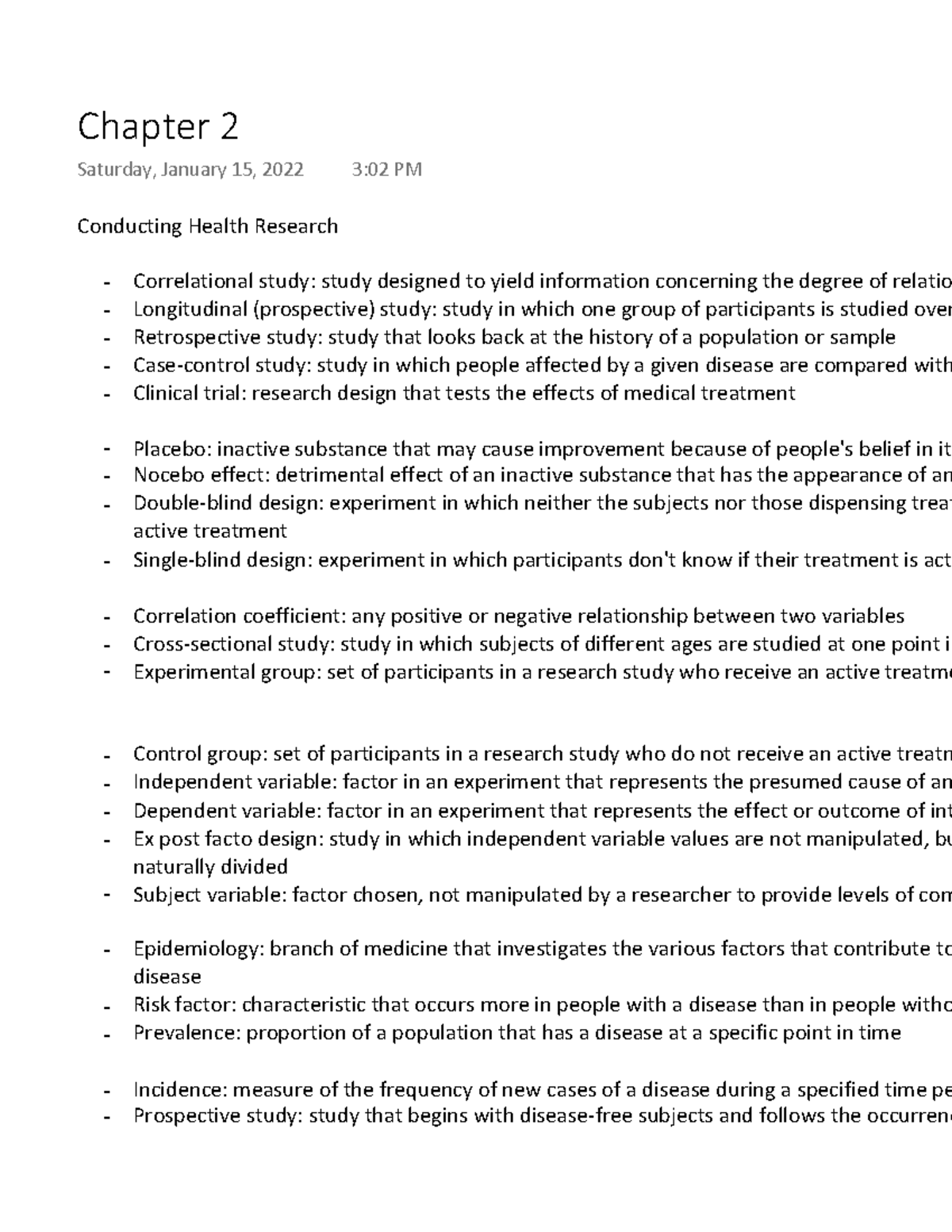 Chapter 2 Notes - Conducting Health Research Correlational study: study ...