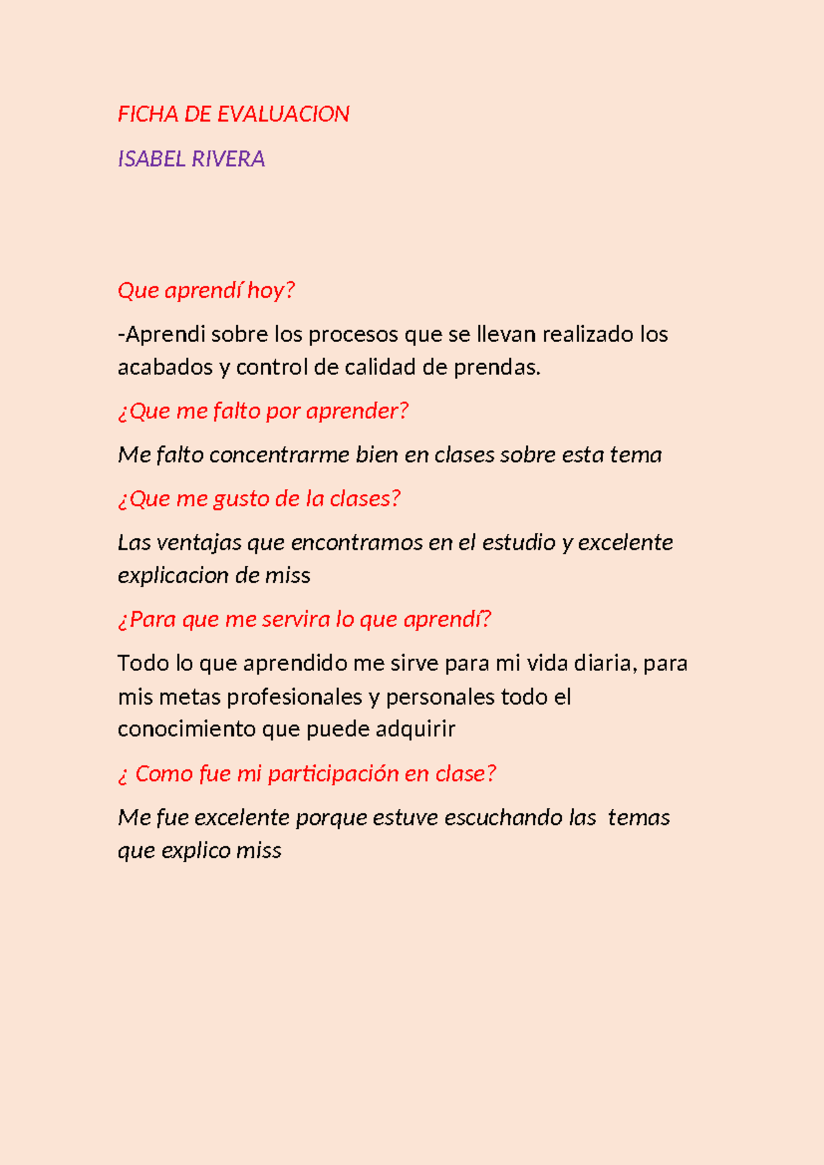 Ficha DE Evaluacion - Evaluación - FICHA DE EVALUACION ISABEL RIVERA ...