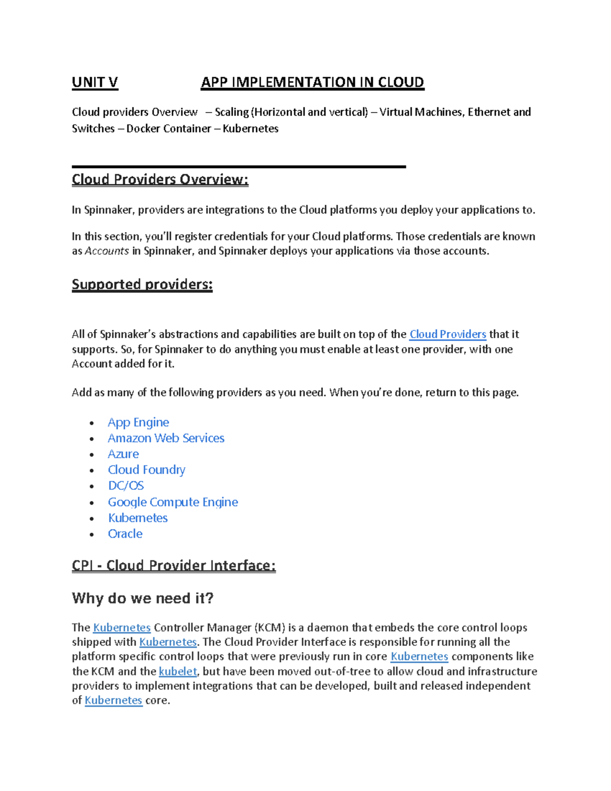 MC4201 Full stack UNIT V - UNIT V APP IMPLEMENTATION IN CLOUD Cloud providers Overview – Scaling ...