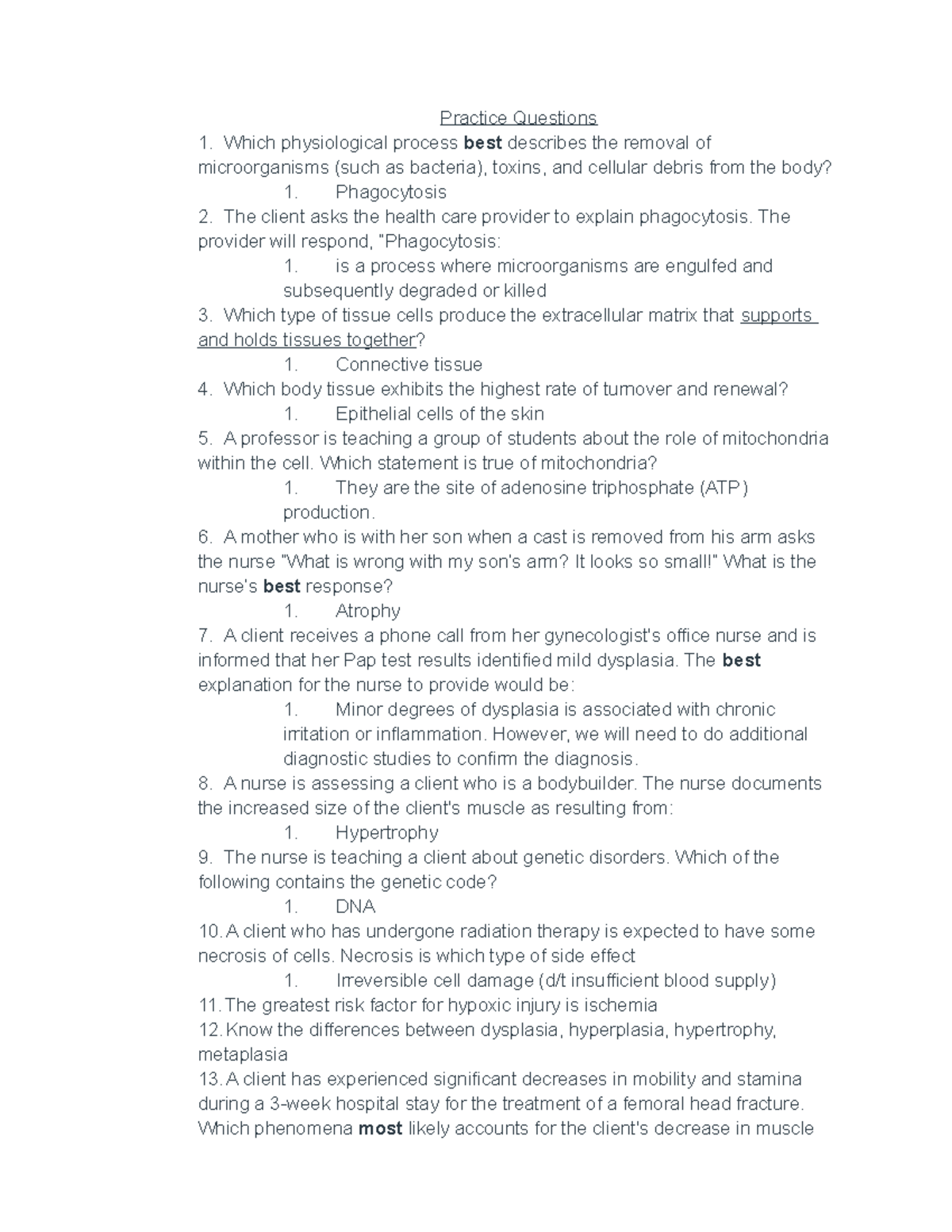 Practice Questions Exam 1 - Practice Questions Which physiological ...