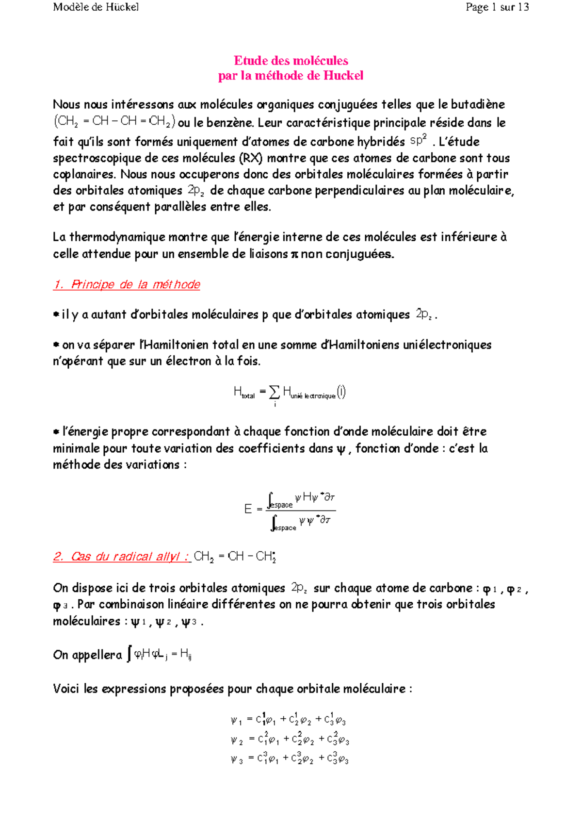 Modèle de Hückel - Etude des molécules par la méthode de Huckel Nous ...