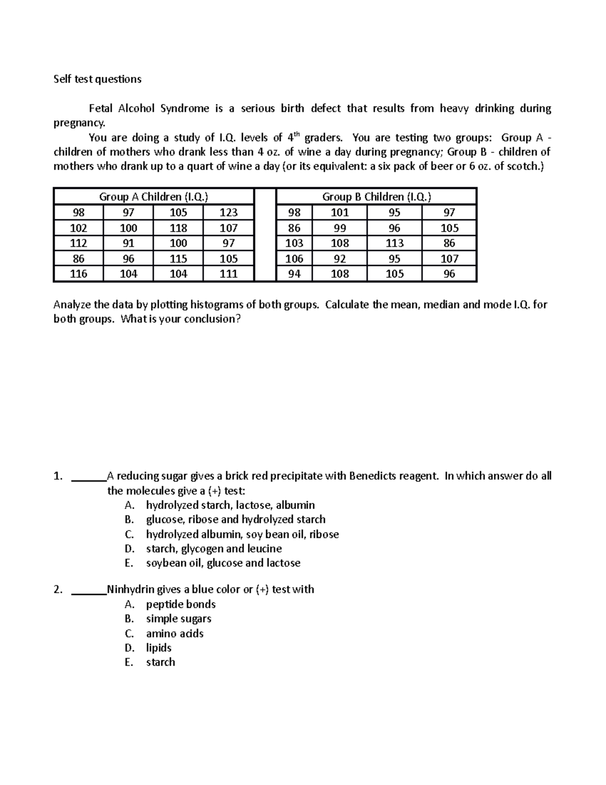 Self test questions - n/a - Self test questions Fetal Alcohol Syndrome ...