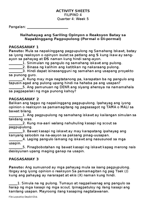 Science 4 Activity Sheet Q4 W5 - ACTIVITY SHEETS SCIENCE 4 Quarter 4 ...