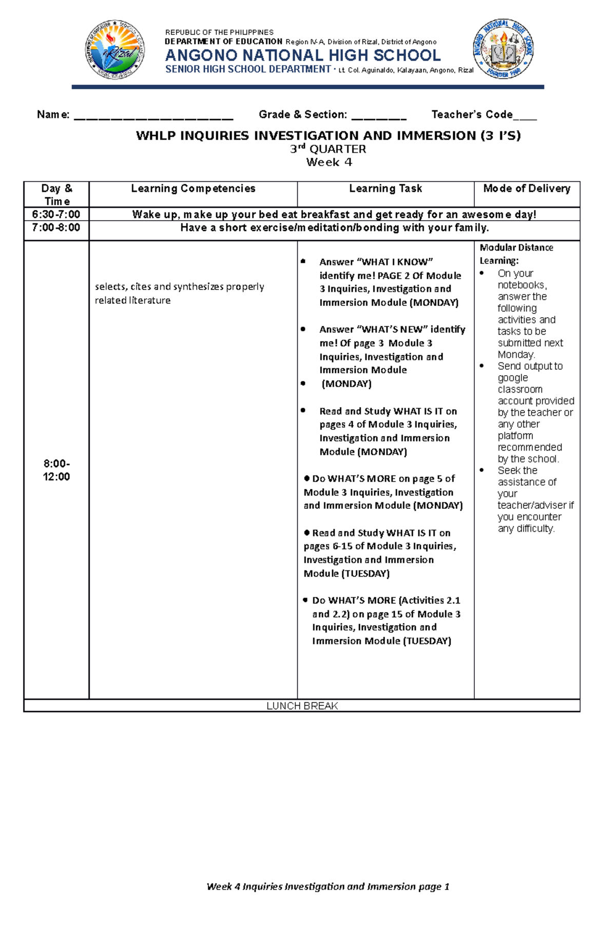 WHLP WEEK4 3is - summary of modules - DEPARTMENT OF EDUCATION Region IV ...