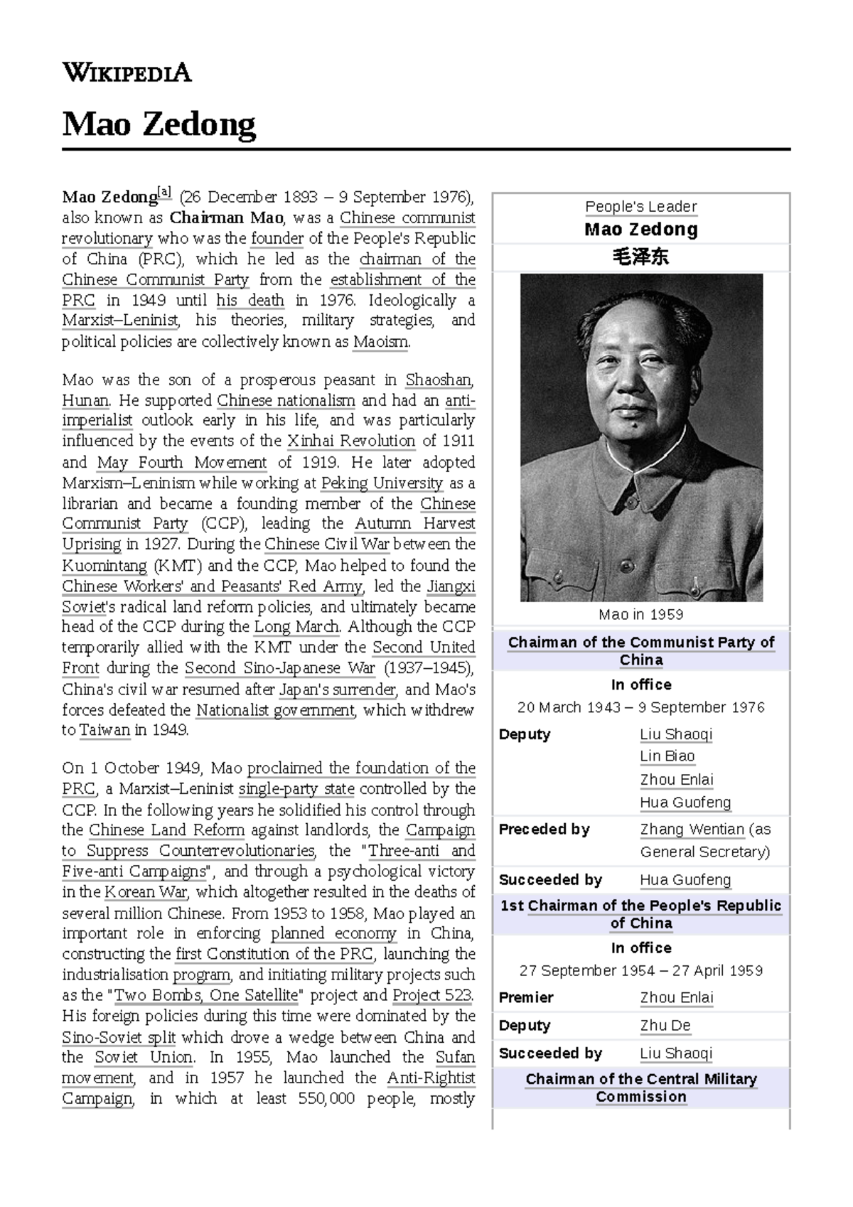 Mao Zedong - People's Leader Mao Zedong 毛泽东 Mao in 1959 Chairman of the ...