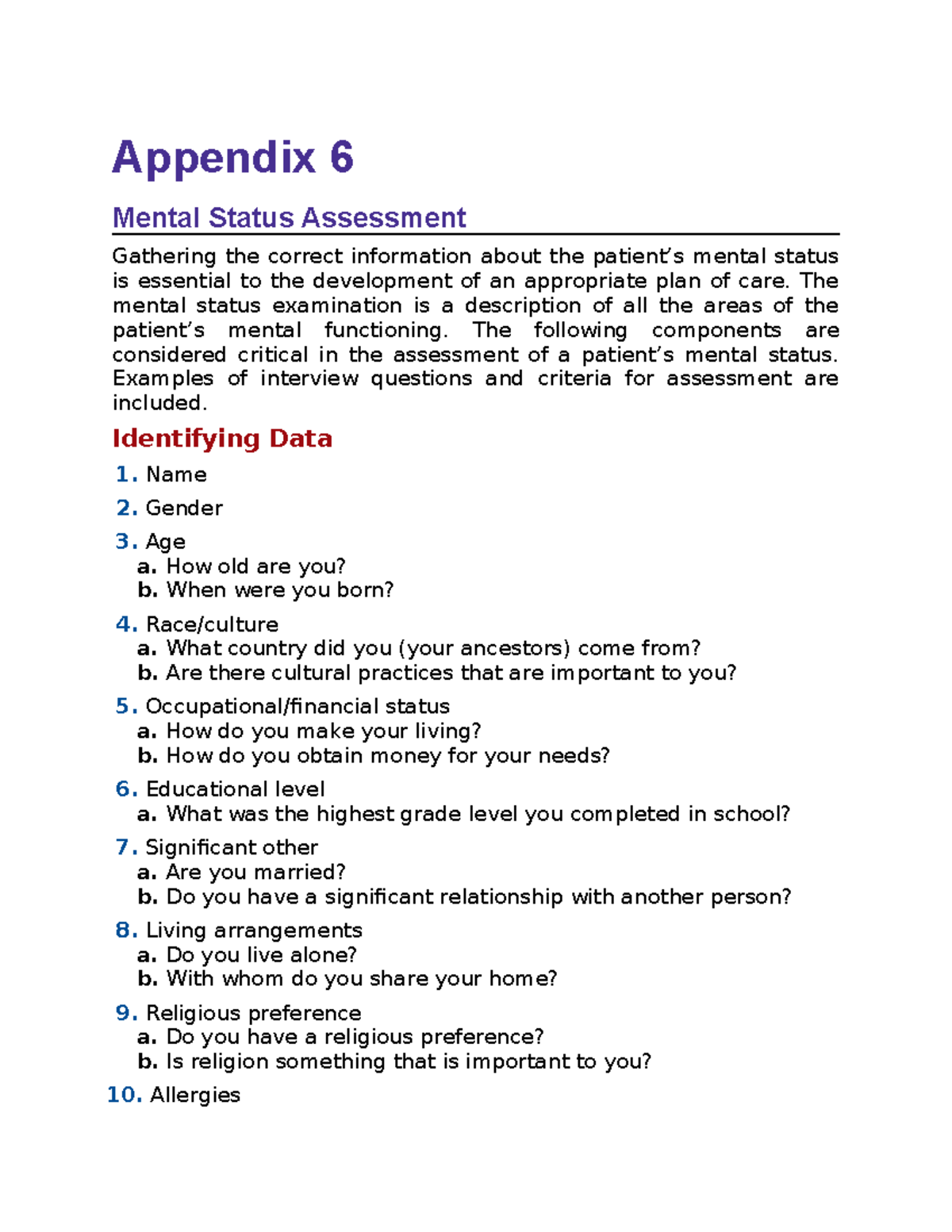 Mental Status Assessment - Appendix 6 Mental Status Assessment Gathering the correct information ...