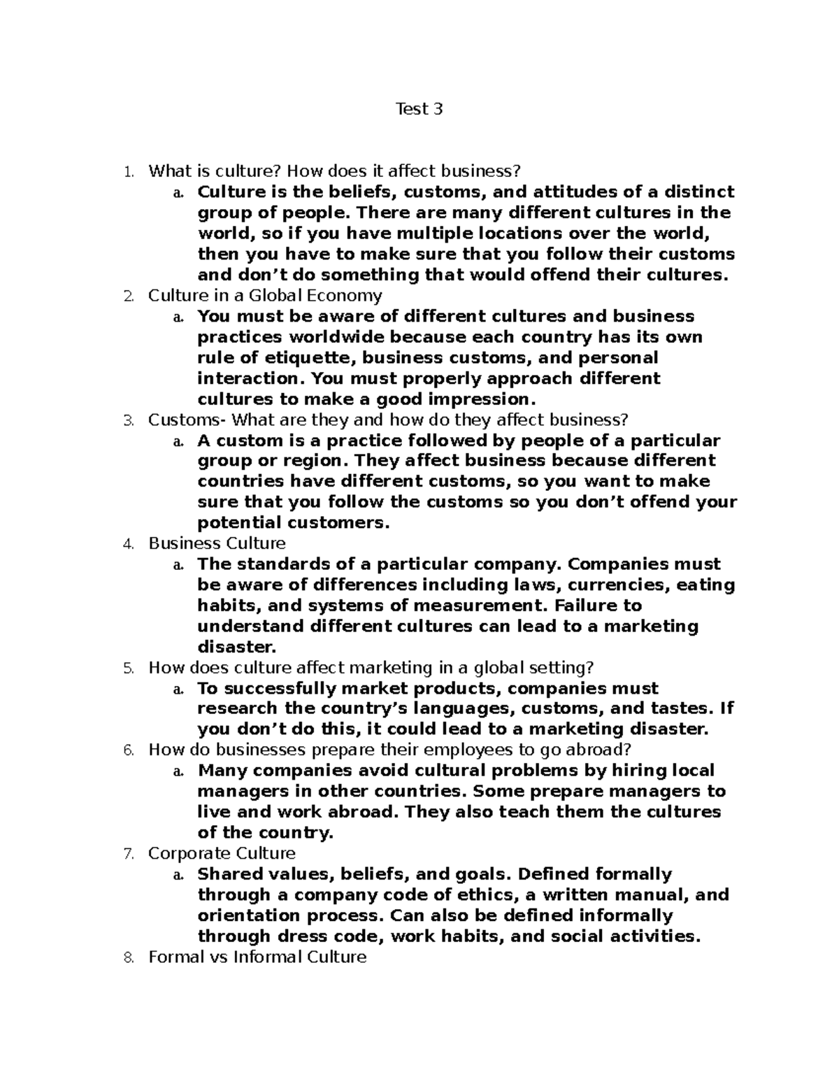 Test 3 Review - Intro to Business - Test 3 What is culture? How does it ...