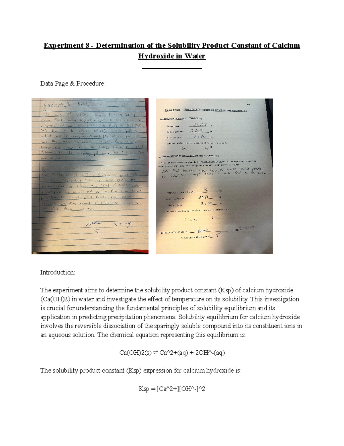 Experiment 8 - Lab - Experiment 8 - Determination of the Solubility ...