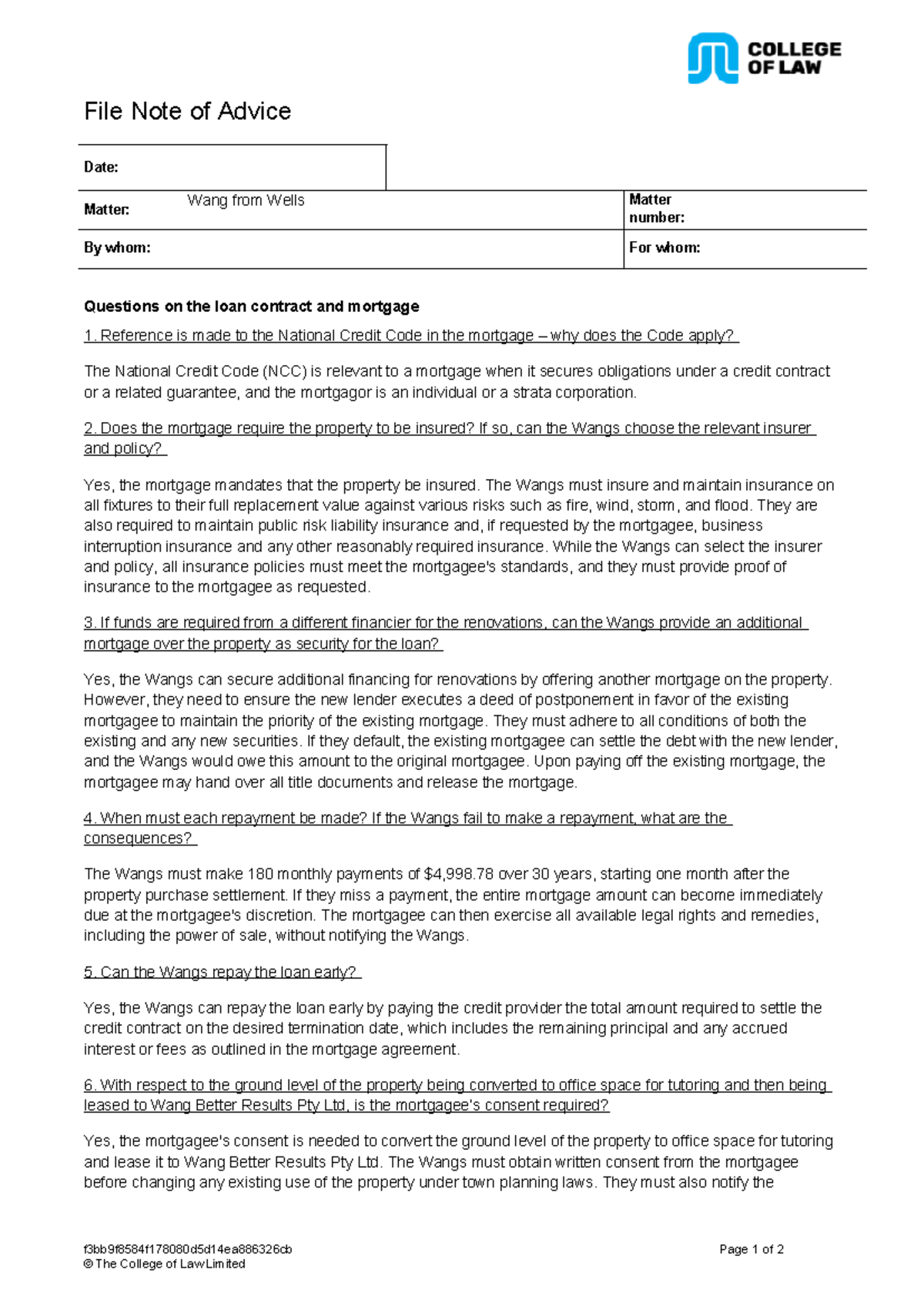 Property Law Assignment 2.1 - File note - File Note of Advice Date ...