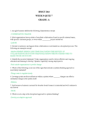 BMGT 364 Week 4 Quiz 3 - QUIZ GRADE: A - Question 1 (0 points) Saved ...