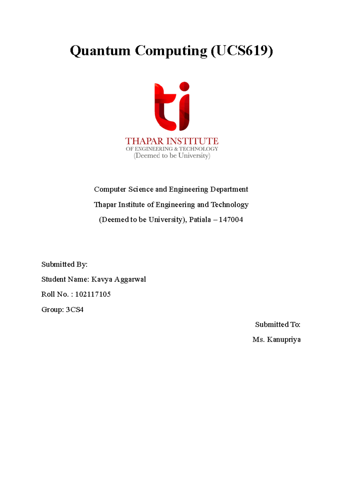 Kavya Quantum - Summary Computer Networks - Quantum Computing (UCS619 ...