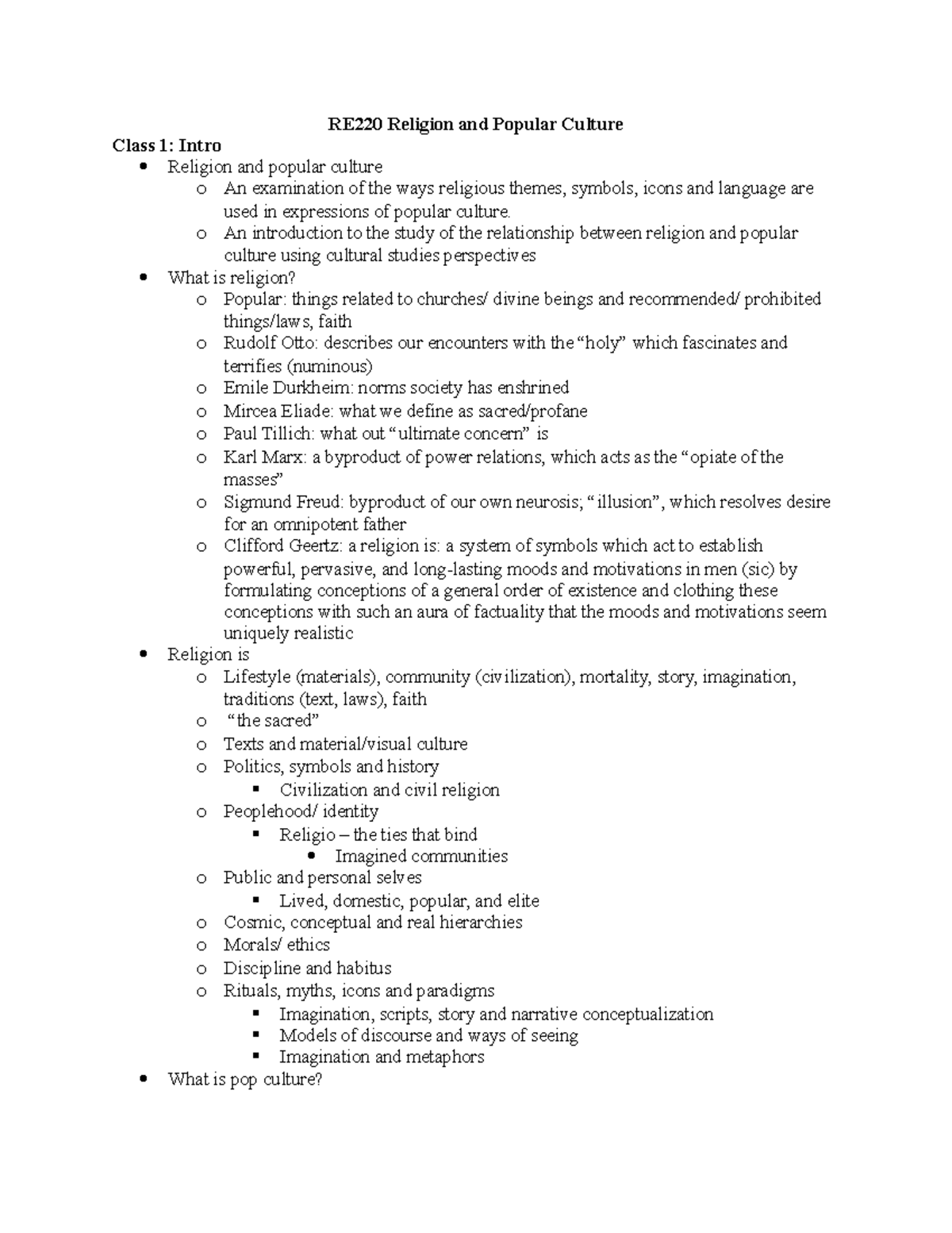 RE220 Religion and Popular Culture slide notes - RE220 Religion and ...