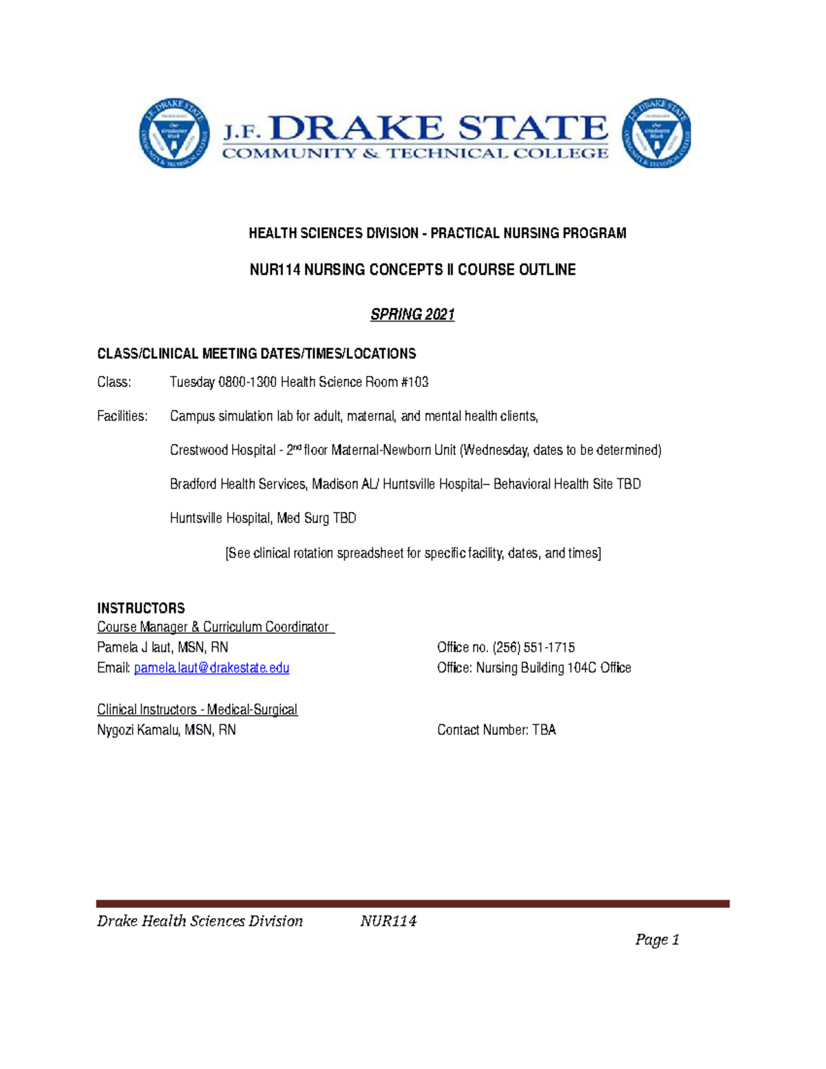 Course Outline - HEALTH SCIENCES DIVISION - PRACTICAL NURSING PROGRAM ...