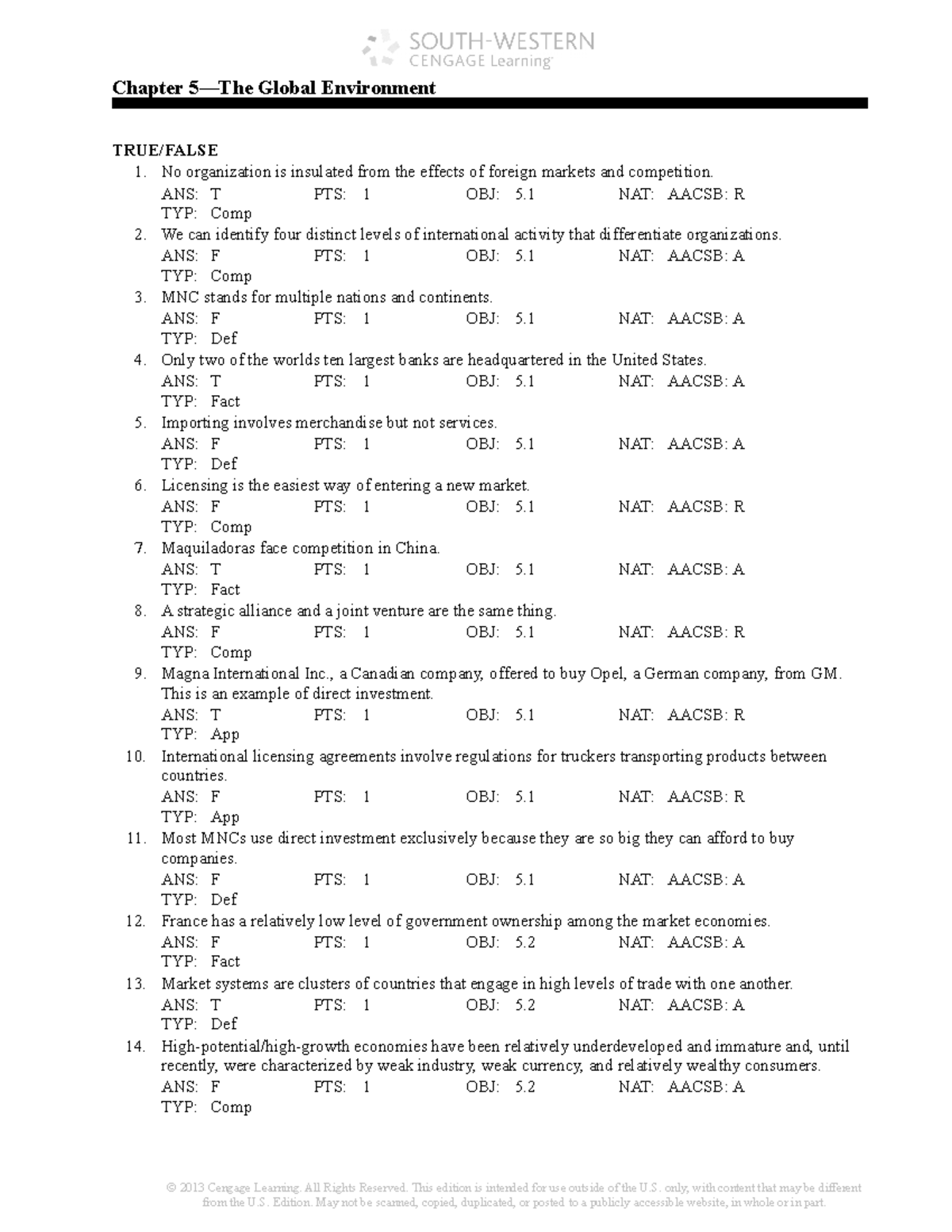 Chapter 5 - test bank - Chapter 5—The Global Environment TRUE/FALSE No ...