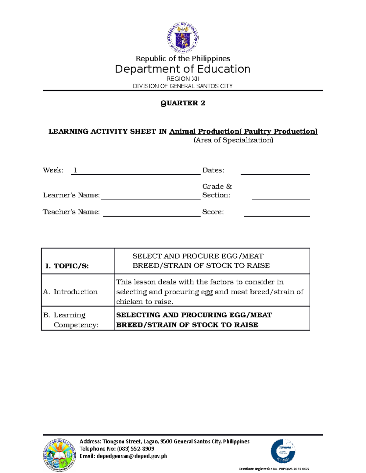 Learning Activity Sheet template - Department of Education REGION XII ...