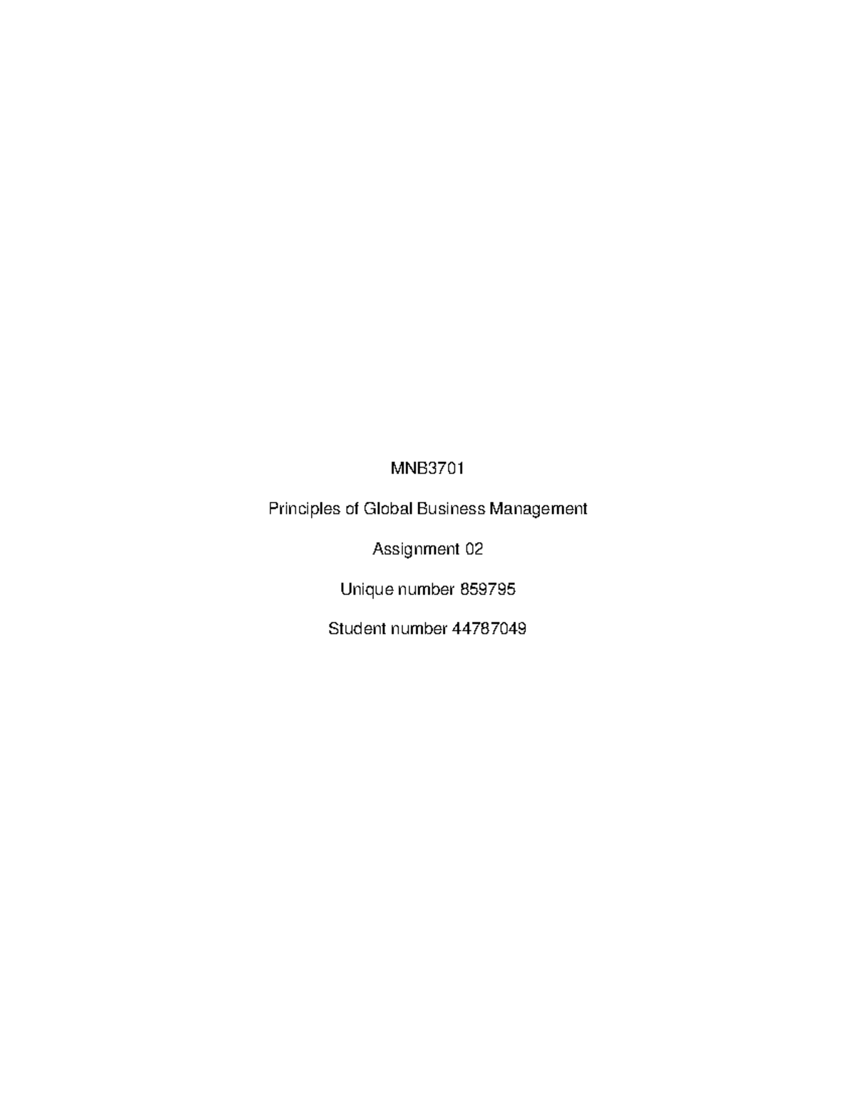 MNB3701 Global Business MNGT Assignment 859795 - Principles of Global ...
