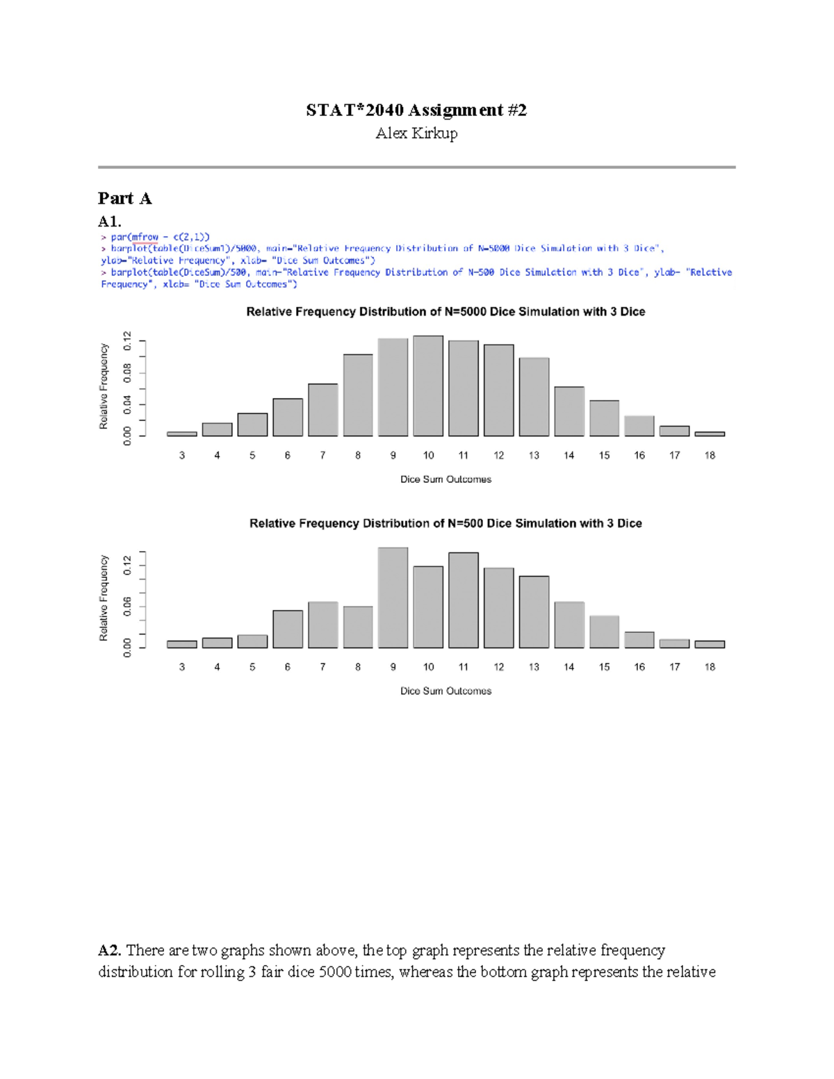 STAT 2040 Assignment #2 - STAT*2040 Assignment Alex Kirkup Part A A1. A2. There are two graphs ...