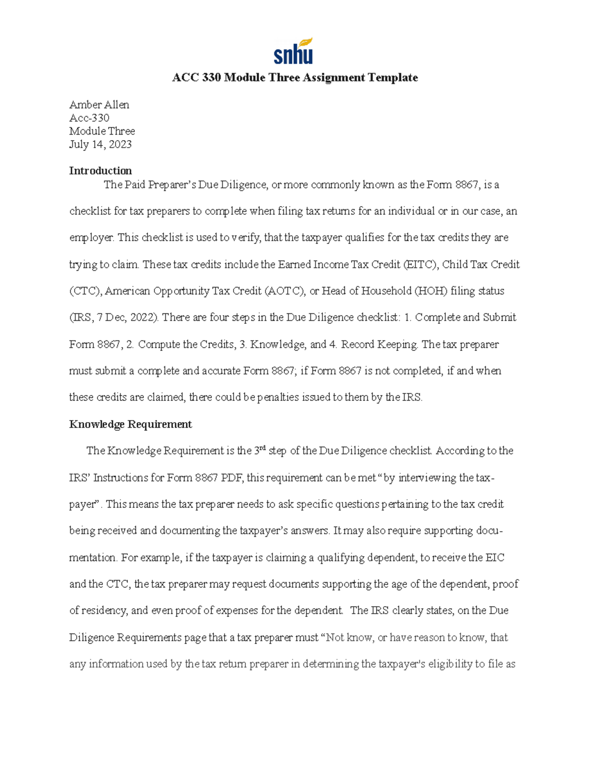 ACC 330 Module Three Assignment - This checklist is used to verify ...