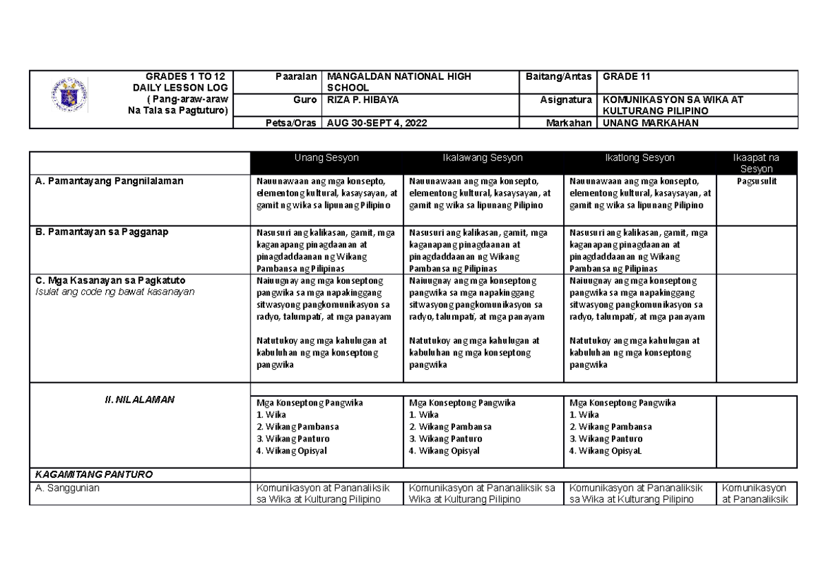 Kpwkp dll 1stweek - komunikasyon - GRADES 1 TO 12 DAILY LESSON LOG ...