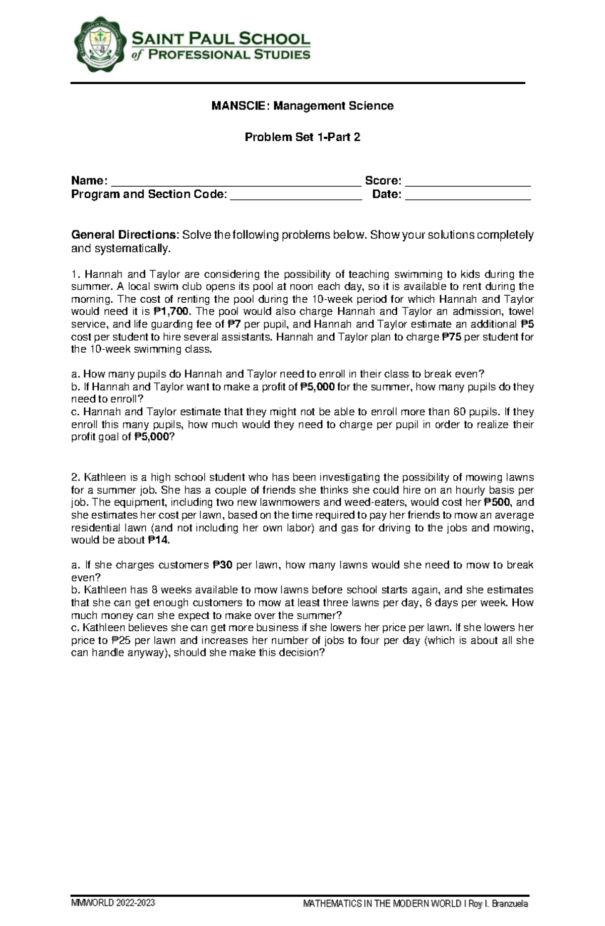 Problem Set 1 -Part 2 - MMWORLD 2022-2023 MATHEMATICS IN THE MODERN ...