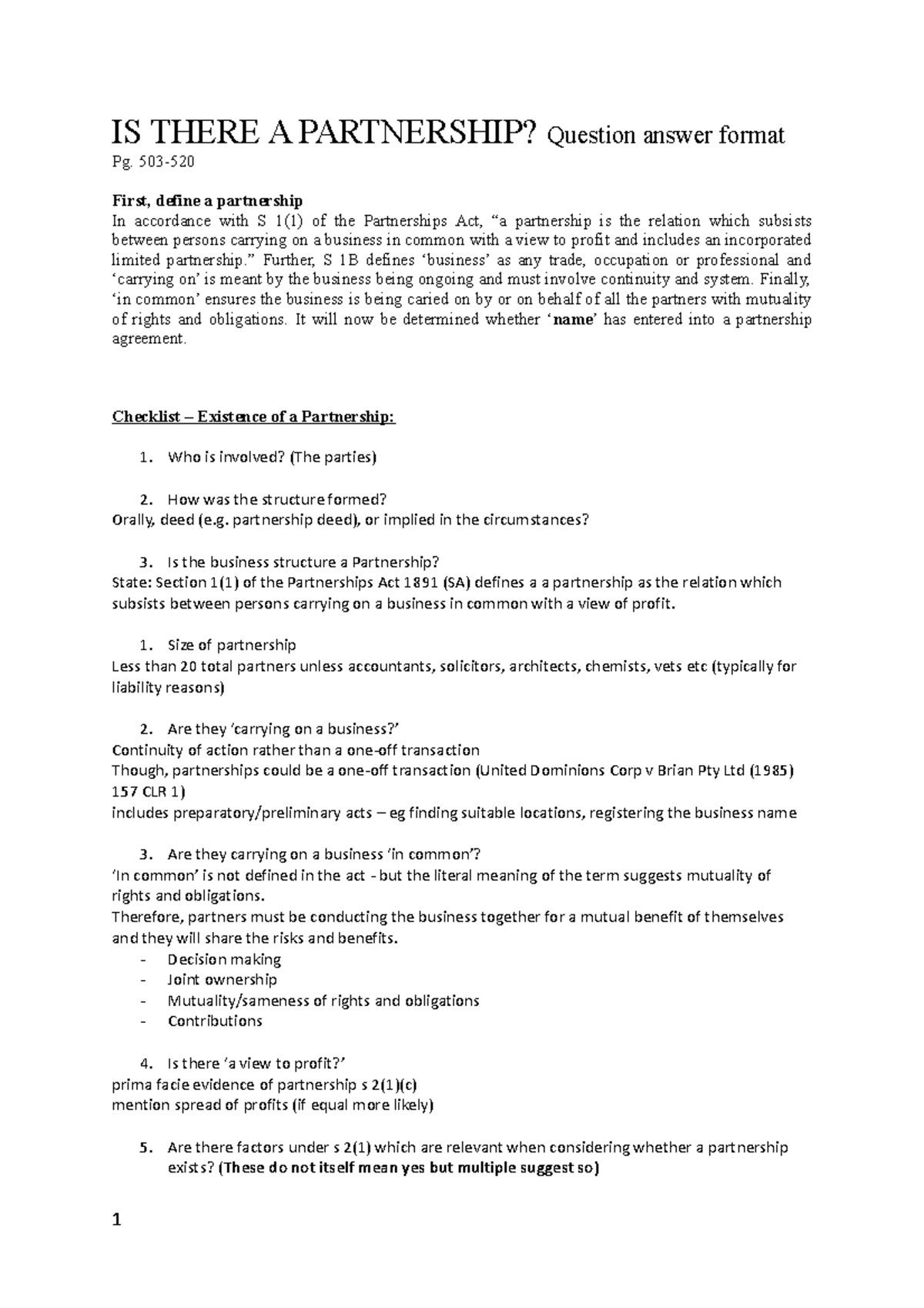 Answering guide - IS THERE A PARTNERSHIP? Question answer format Pg ...