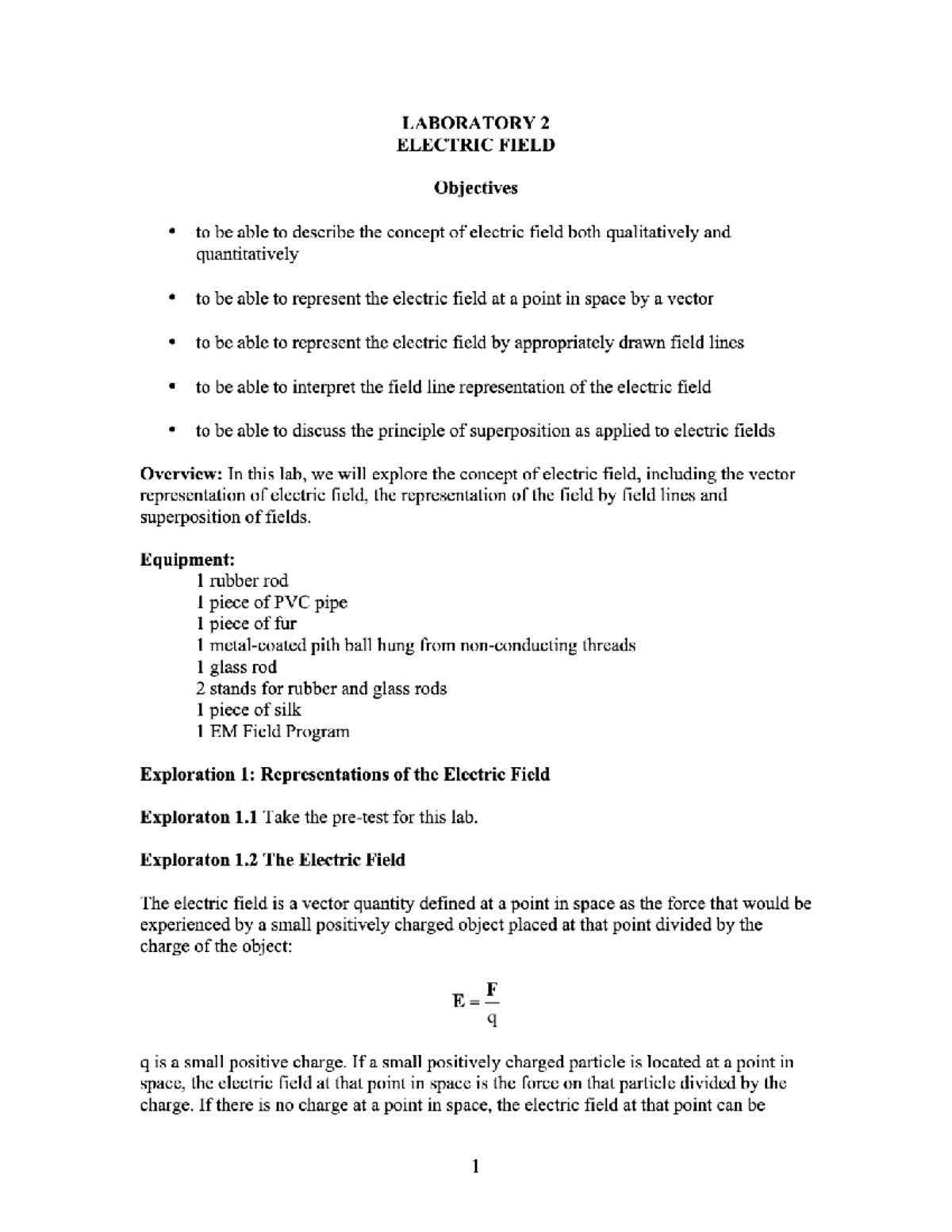 PHYS 1408 Lab 2 Electric Field - LABORATORY 2 ELECTRIC FIELD Objectives ...