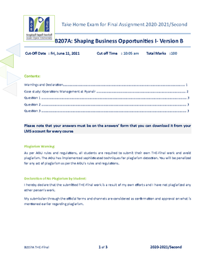 B207A PT3 form Second 2020-2021 - Arab Open University Tutor Marked ...