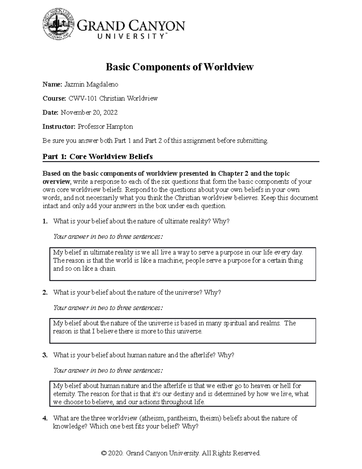 CWV-101 Basic Components Of Worldview (91%) - Basic Components of ...