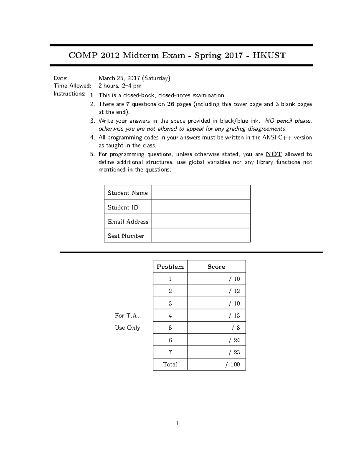 Comp2012-midterm 2017 S - COMP 2012 Midterm Exam - Spring 2017 - HKUST Date: March 25, 2017 ...