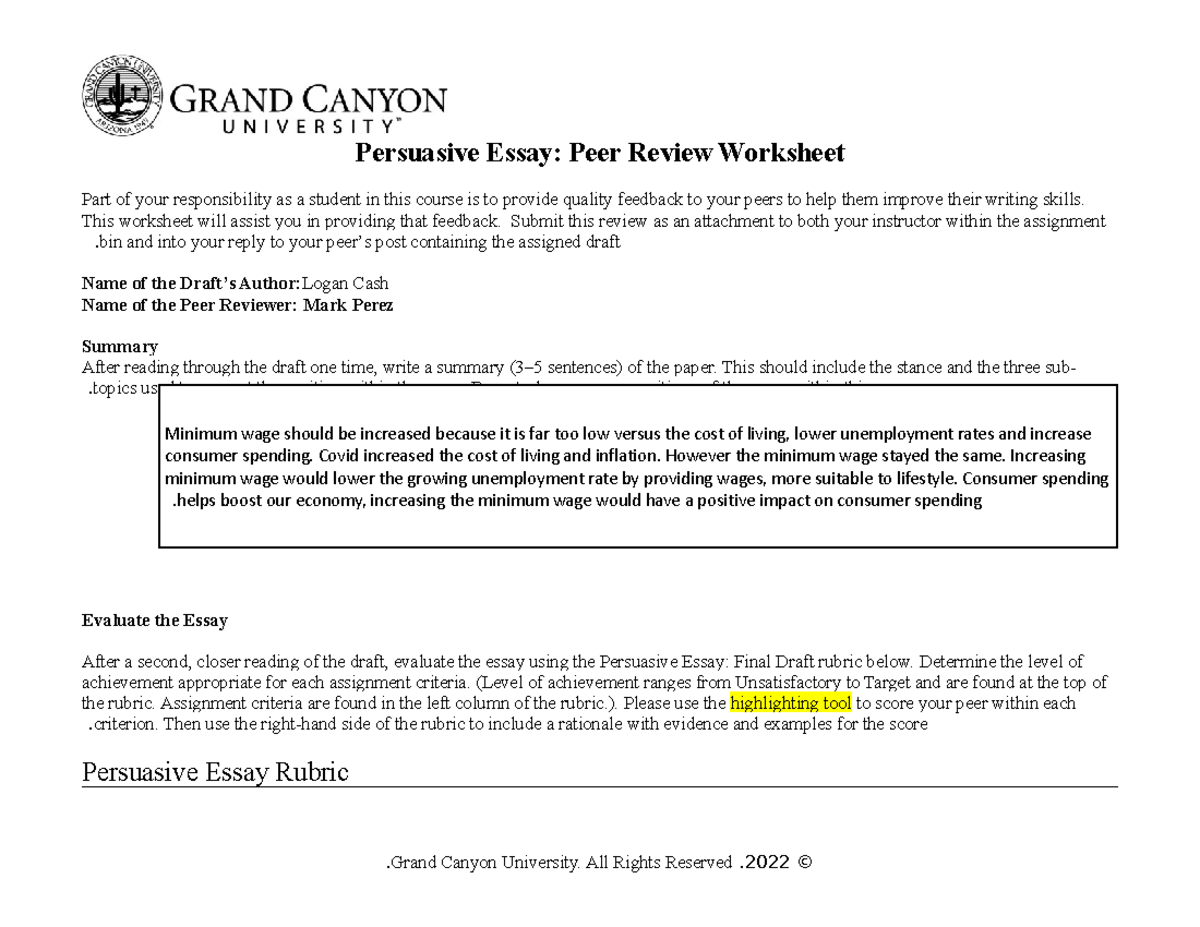 T-6 Peer Review Worksheet PHI105 - Persuasive Essay: Peer Review ...