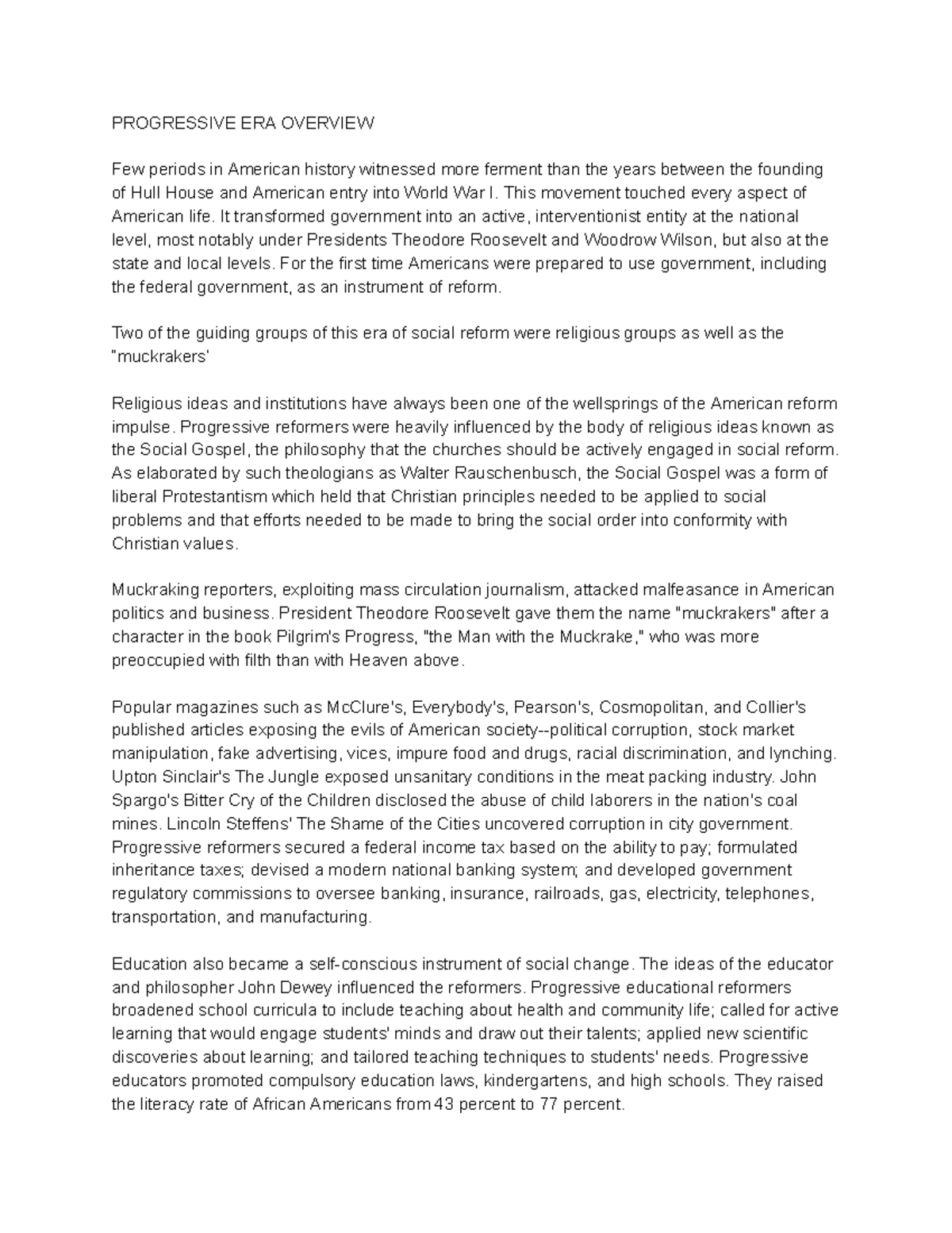 Progressive ERA Overview WS - PROGRESSIVE ERA OVERVIEW Few periods in ...