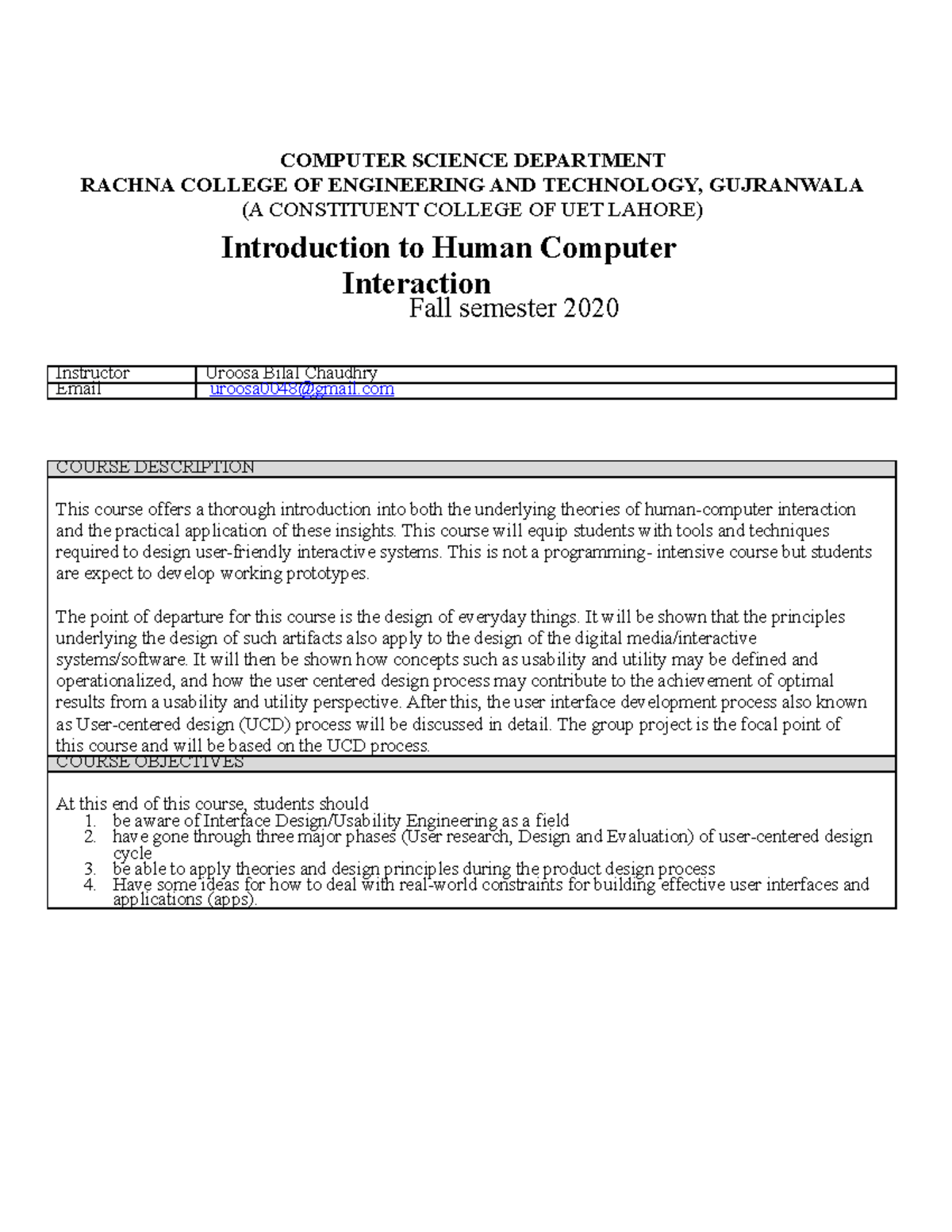 Introduction to HCI outline - COMPUTER SCIENCE DEPARTMENT RACHNA COLLEGE OF ENGINEERING AND ...