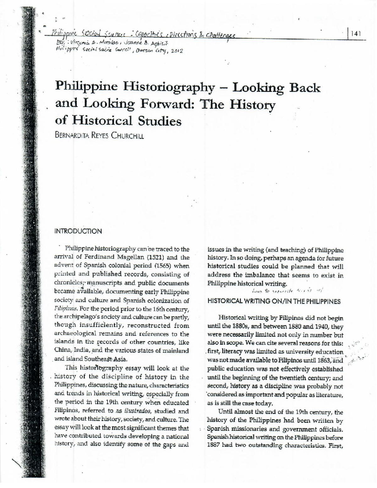 Churchill, B. Philippine Historiography - AB Foreign Service - Studocu