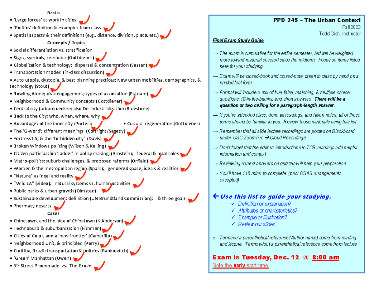 Study Guide Final Outline - PPD 245 – The Urban Context Fall 2023 Todd ...
