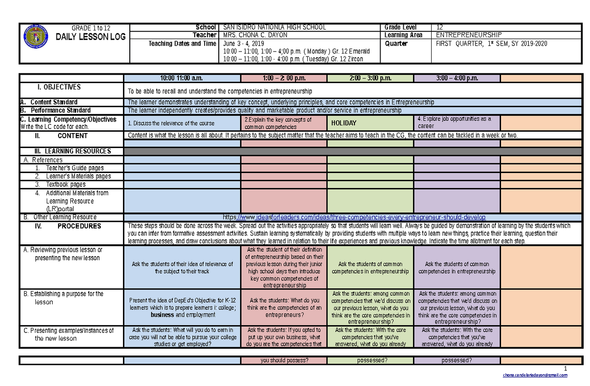 Entrep DLL FOR 1St Q - 1 GRADE 1 to 12 DAILY LESSON LOG School SAN ...