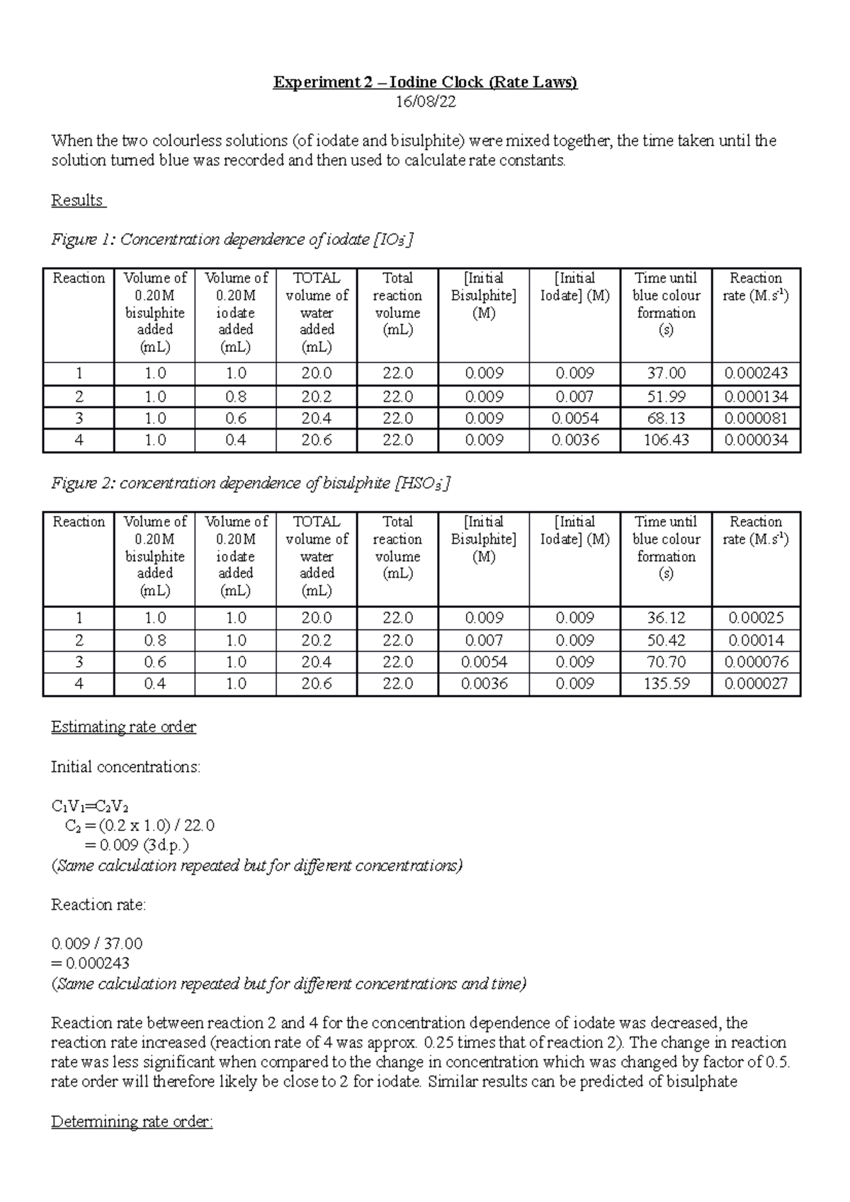 Experiment 2 logbook - Experiment 2 – Iodine Clock (Rate Laws) 16/08 ...